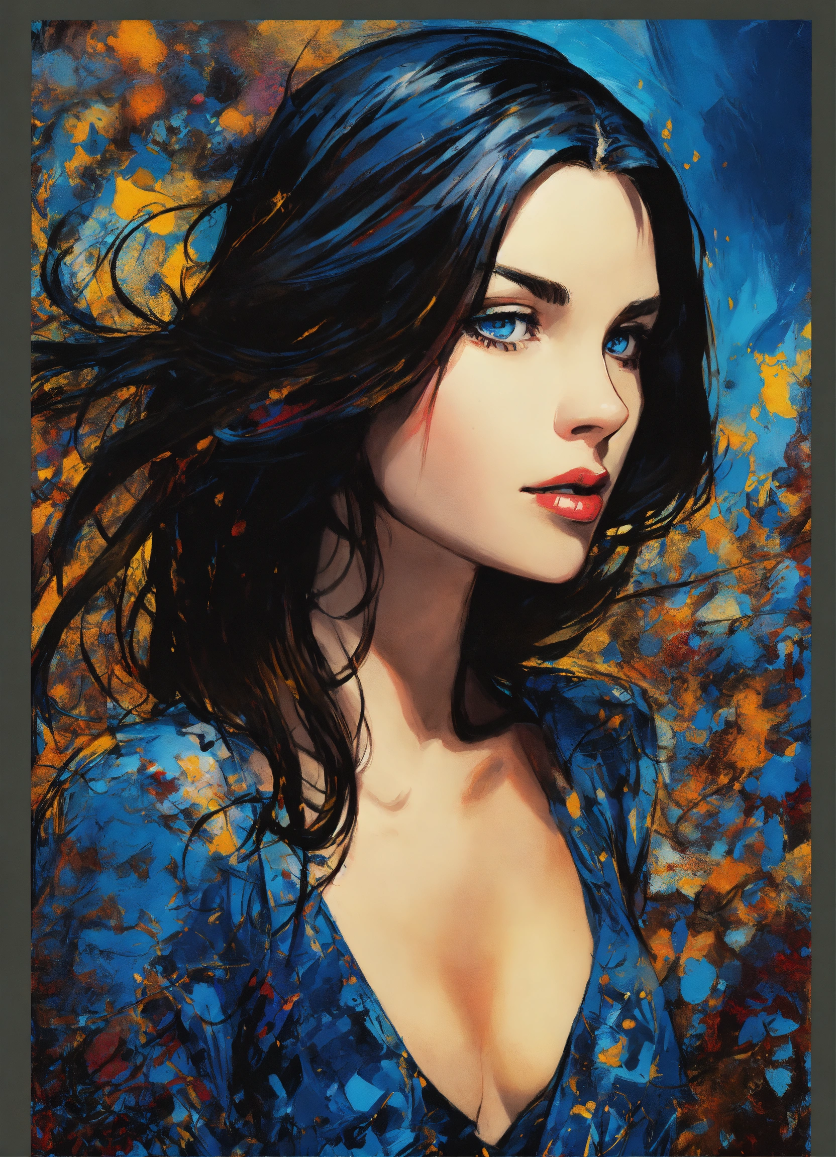 Lexica Pop Art Mysterious Beautiful Caucasian Female Blue Eyes Black Dress Fantasy