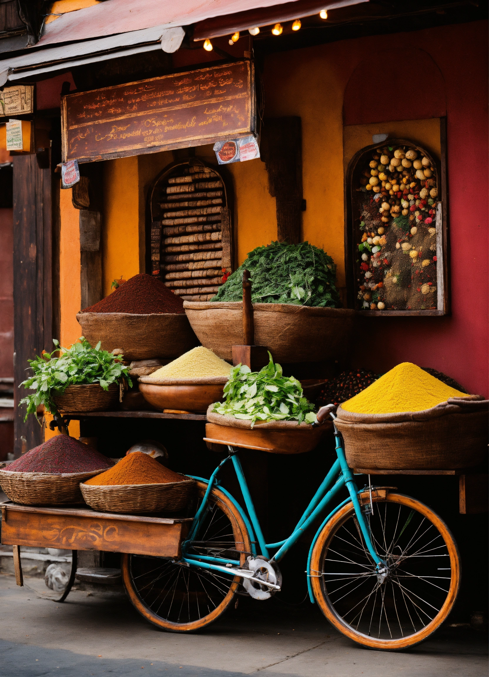 Lexica - Indian restaurant, a vibrant spice bazaar theme, a bicycle with small cart where diners ...