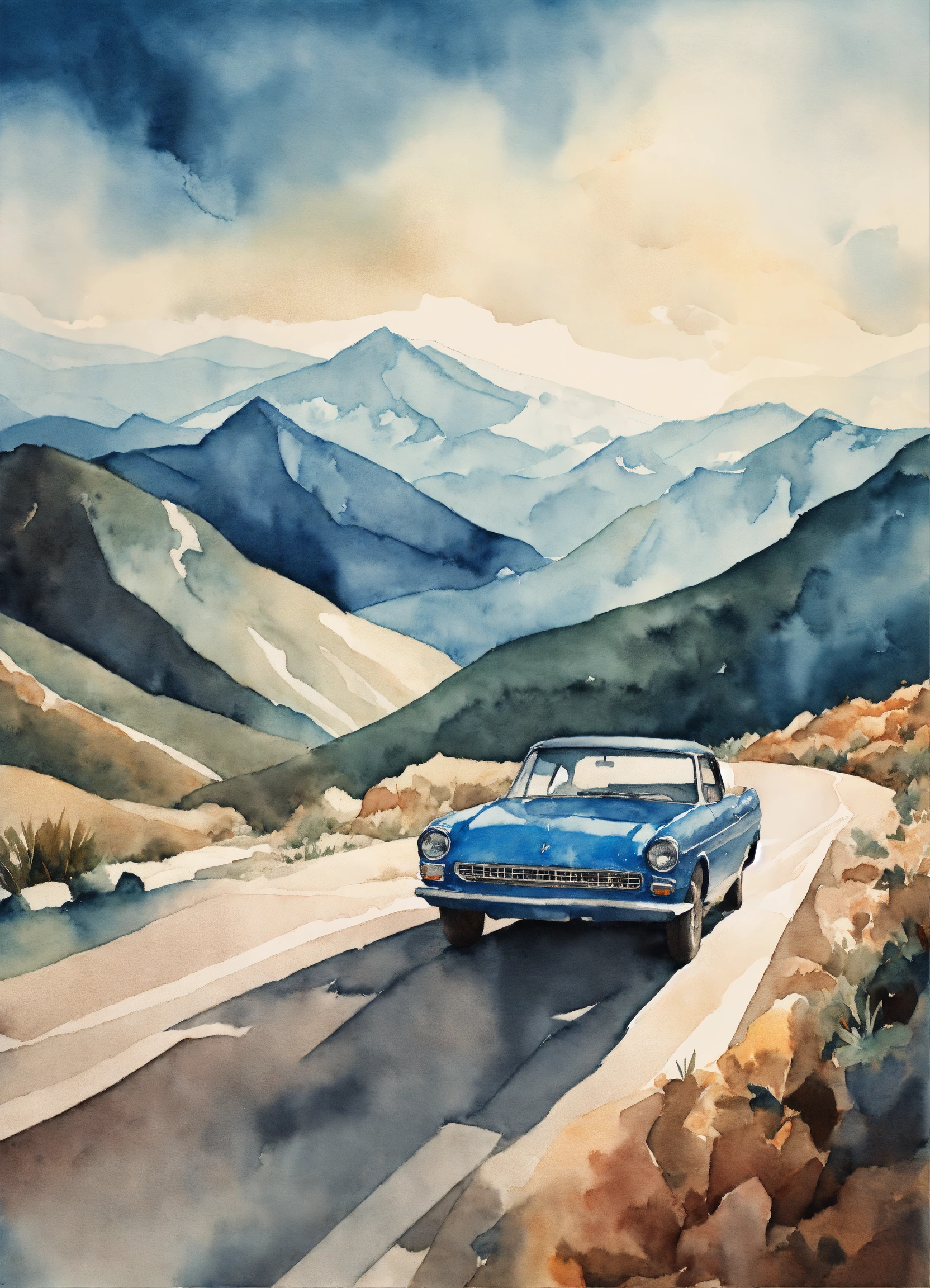 Lexica - Paper collage art, Watercolor depicting a car on a long road ...