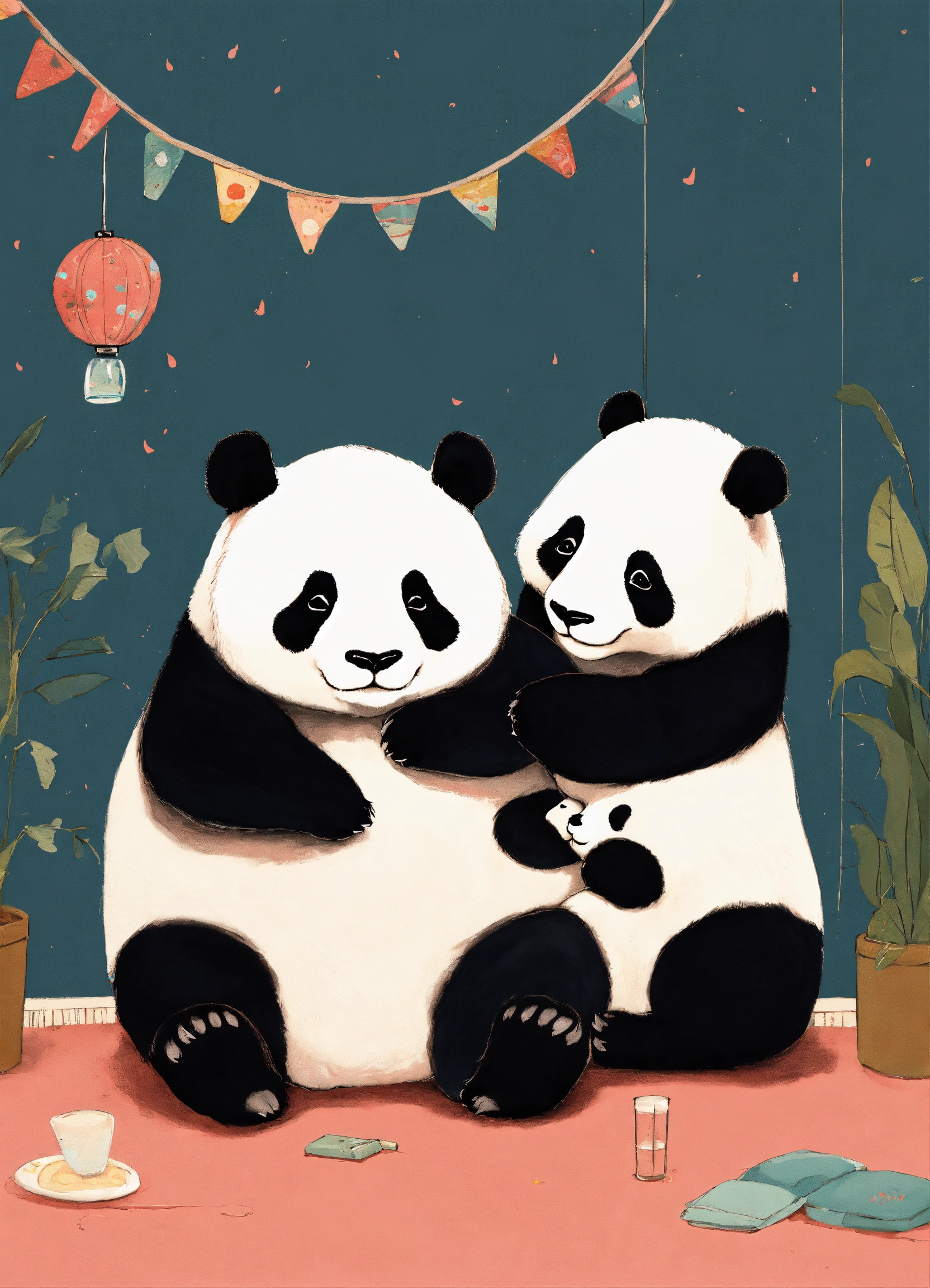 Lexica - Happy pandas cuddling, cute critters, by oliver jeffers