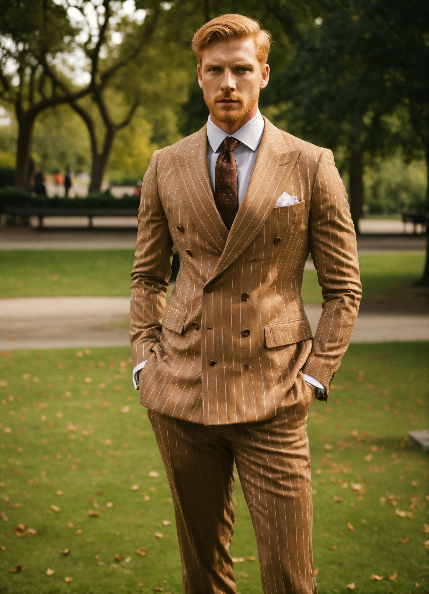Lexica - A blonde ginger gentleman in light brown pinstripe double ...