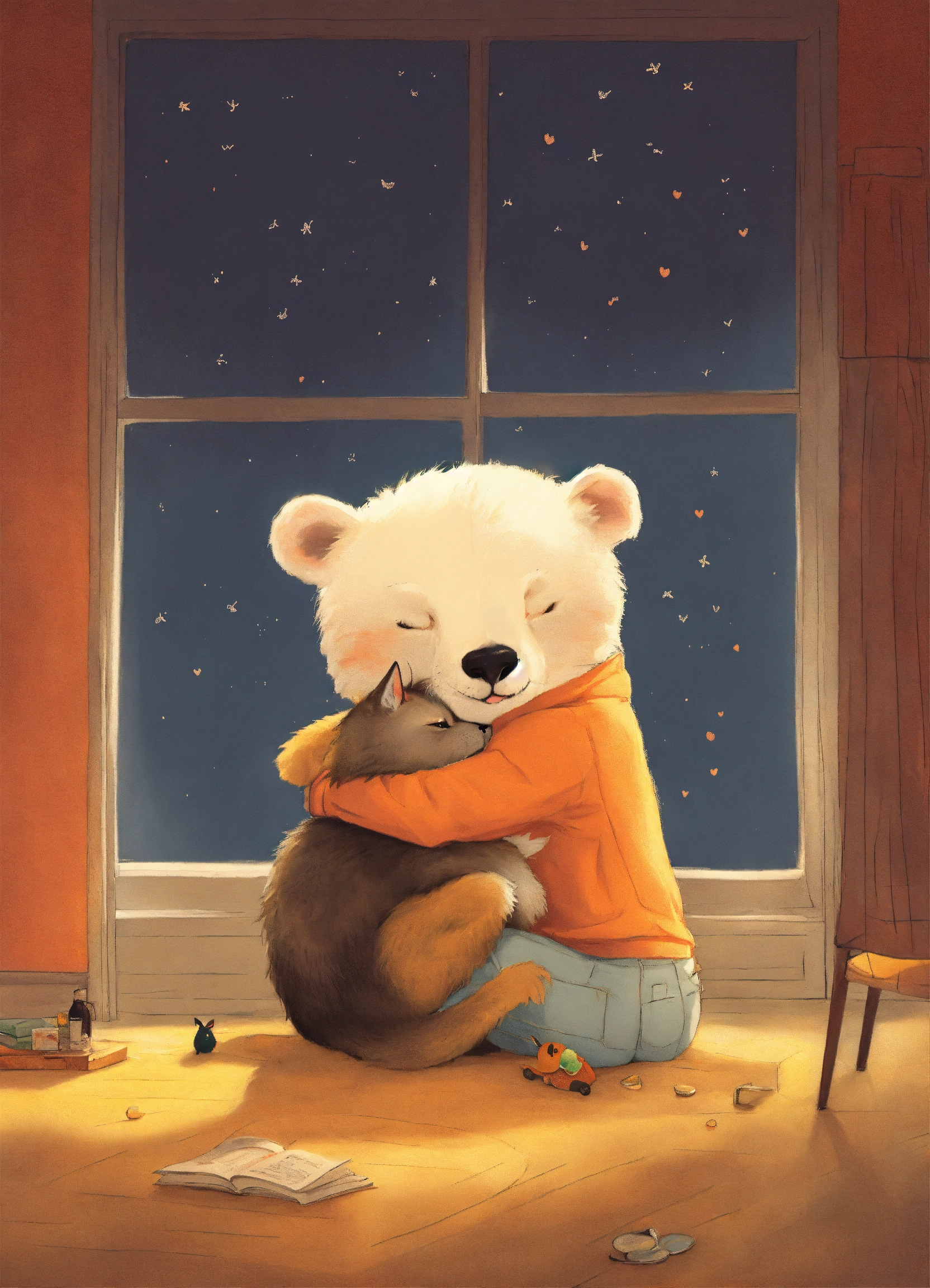 Lexica - Happy friends cuddling, cute critters, by oliver jeffers
