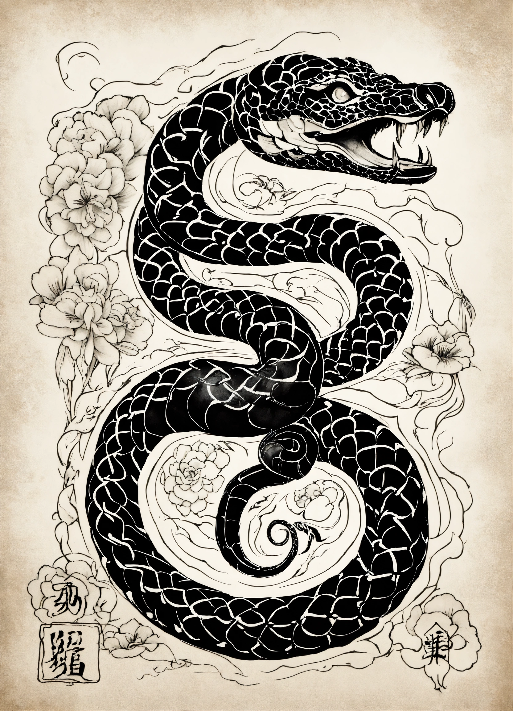 Lexica - Earth snake zodiac Chinese tattoo, black and white