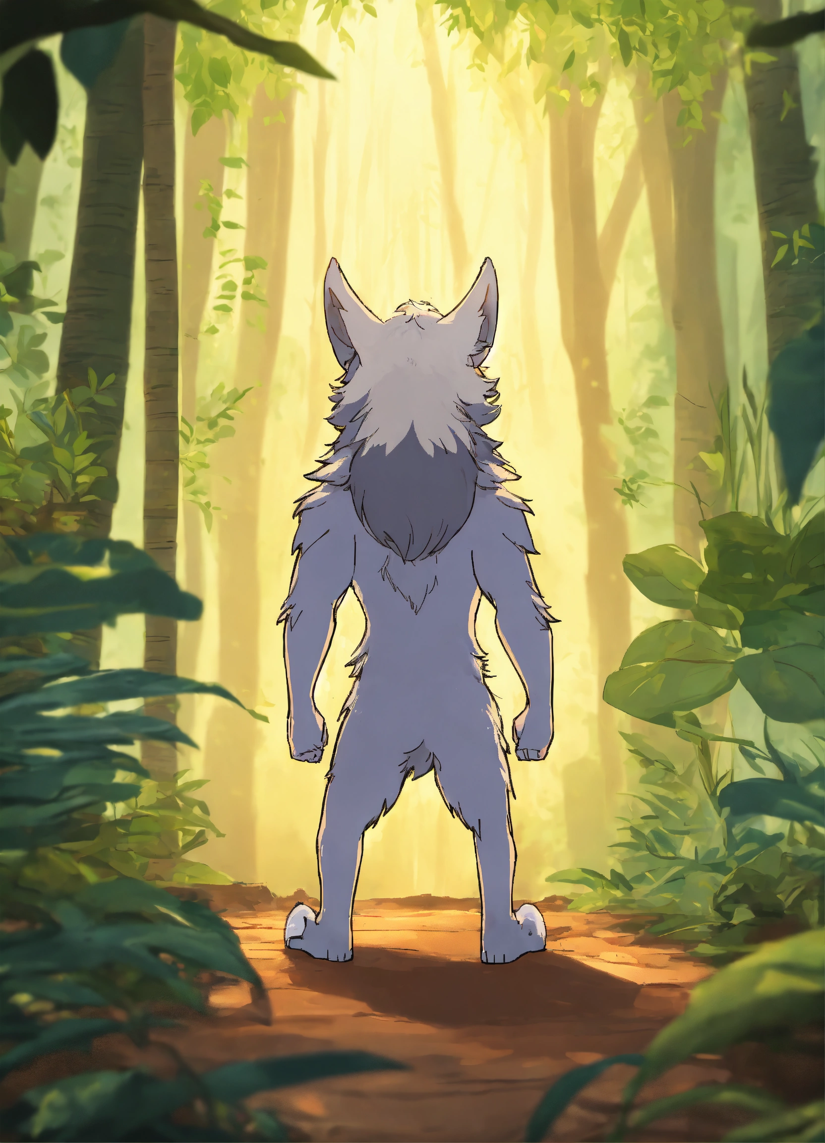 Lexica - Let cartoon cute wolf stand on two legs in jungle back view