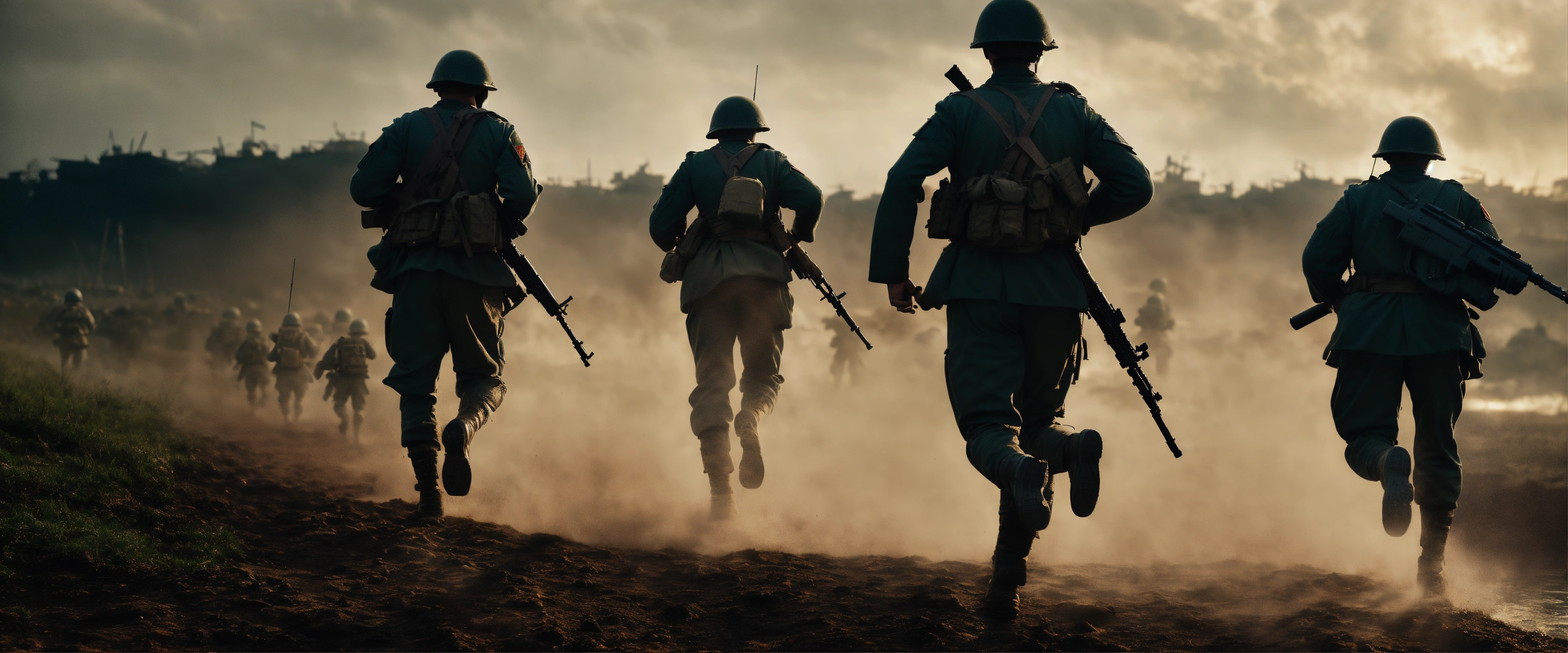 Lexica - Dramatic scene of back view of soldiers running on the ...