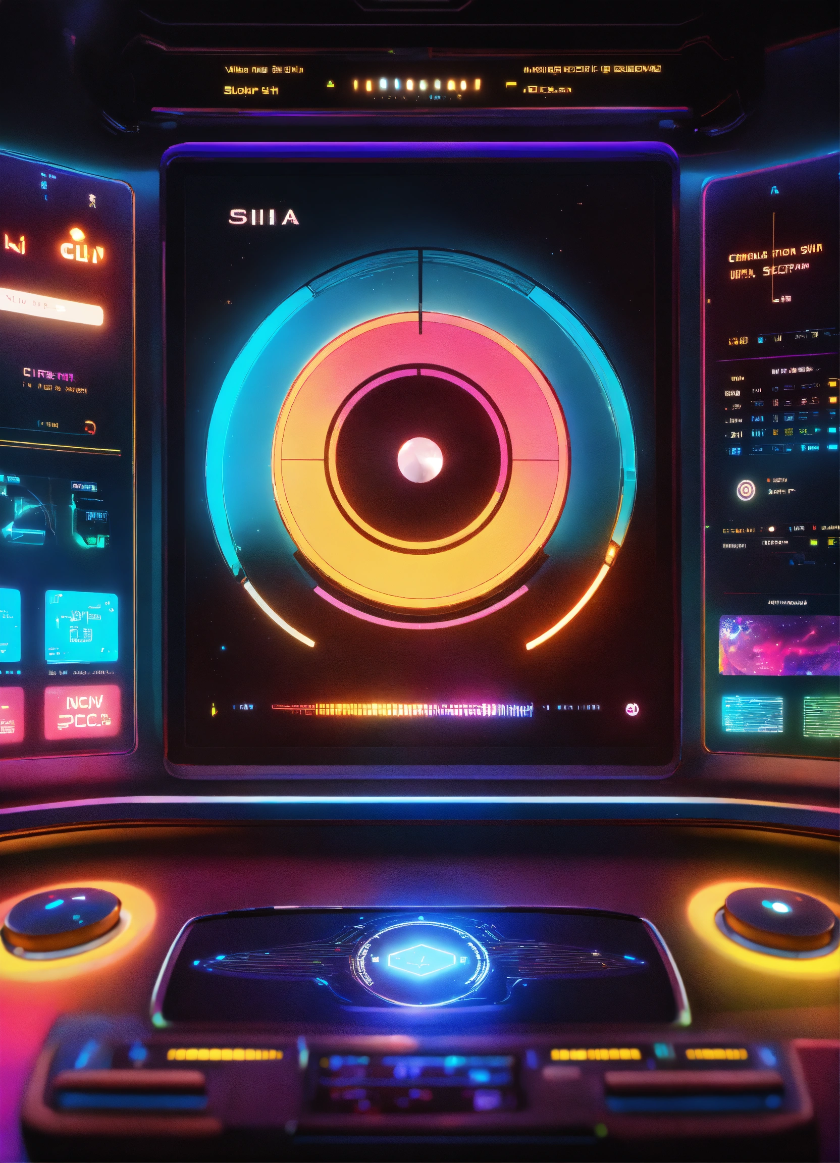 Lexica - Close up of 1 big screen in the center of a bunch of big ...
