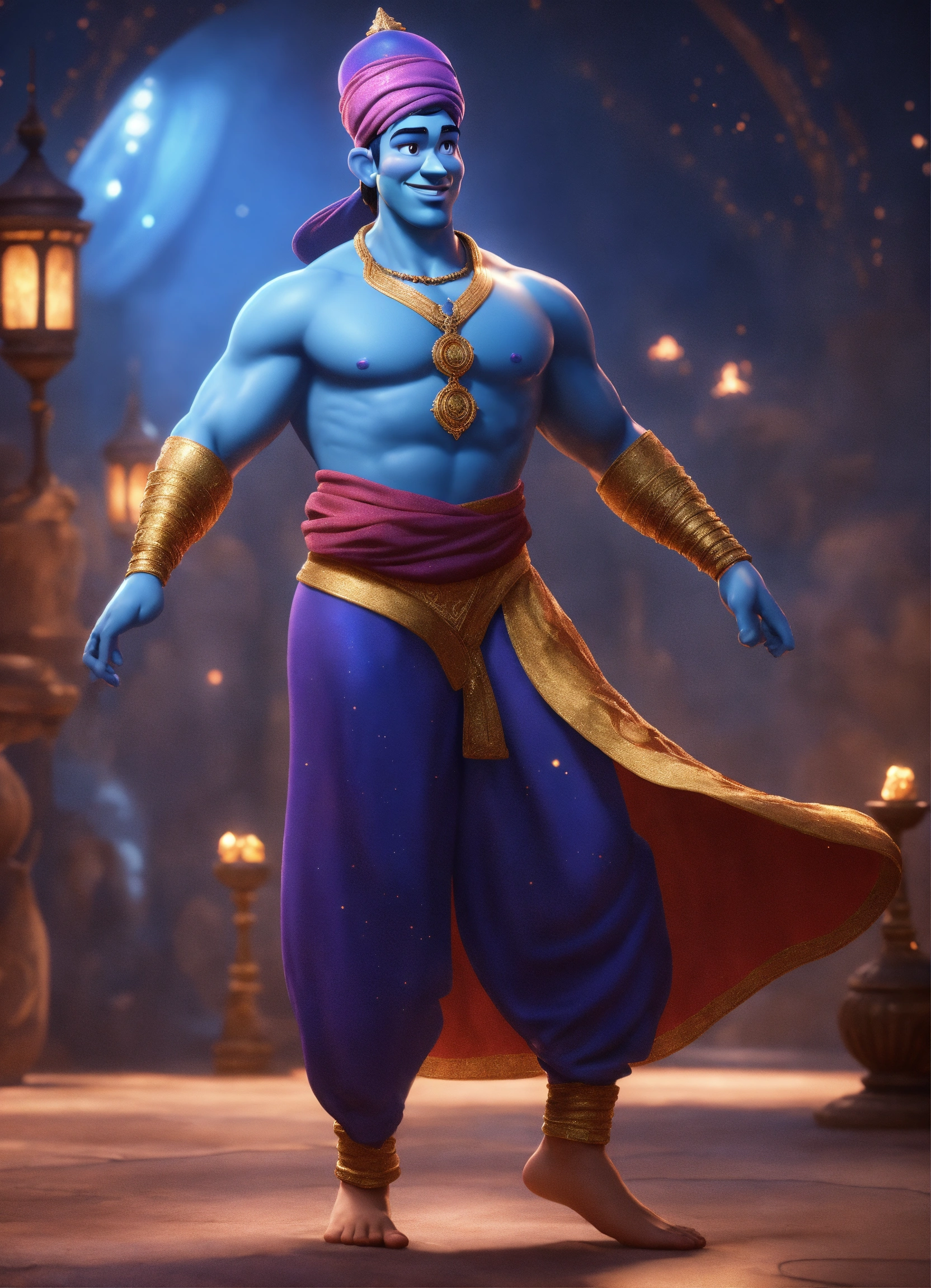 Lexica - Create a 3D rendering of a magical blue Arabian male genie ...