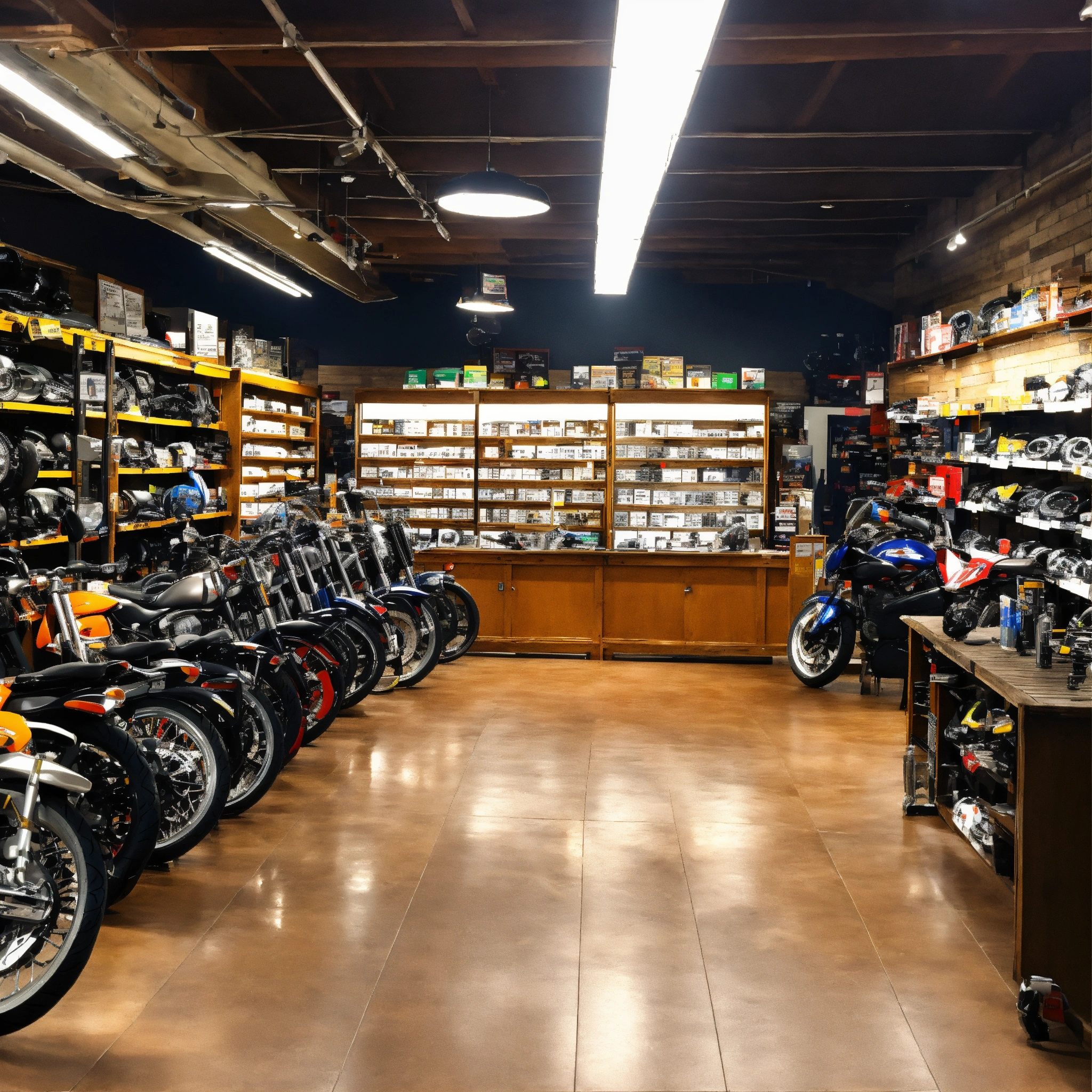 Lexica - A photo of a motorcycle parts store. The store is clean and ...