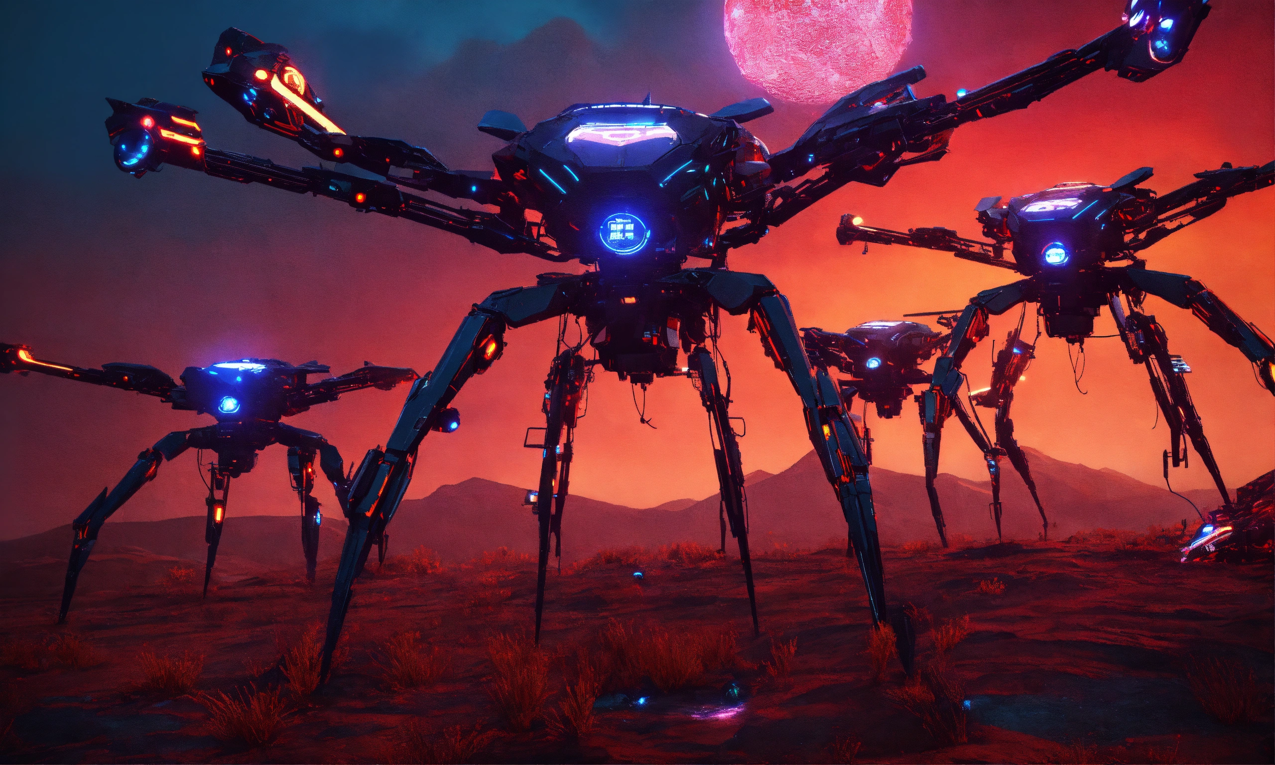 Lexica - 5 flying black patrol bots with robotic tentacles, barren ...