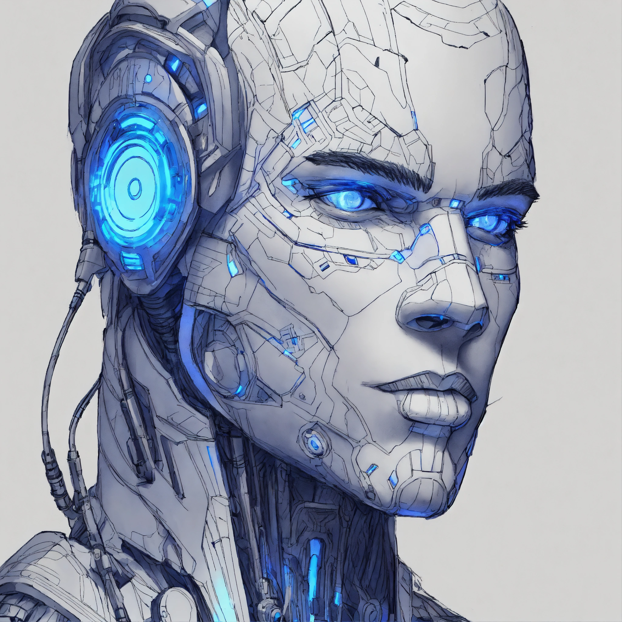 Lexica - Front profile, line drawing, enchanted male cyborg, close up ...