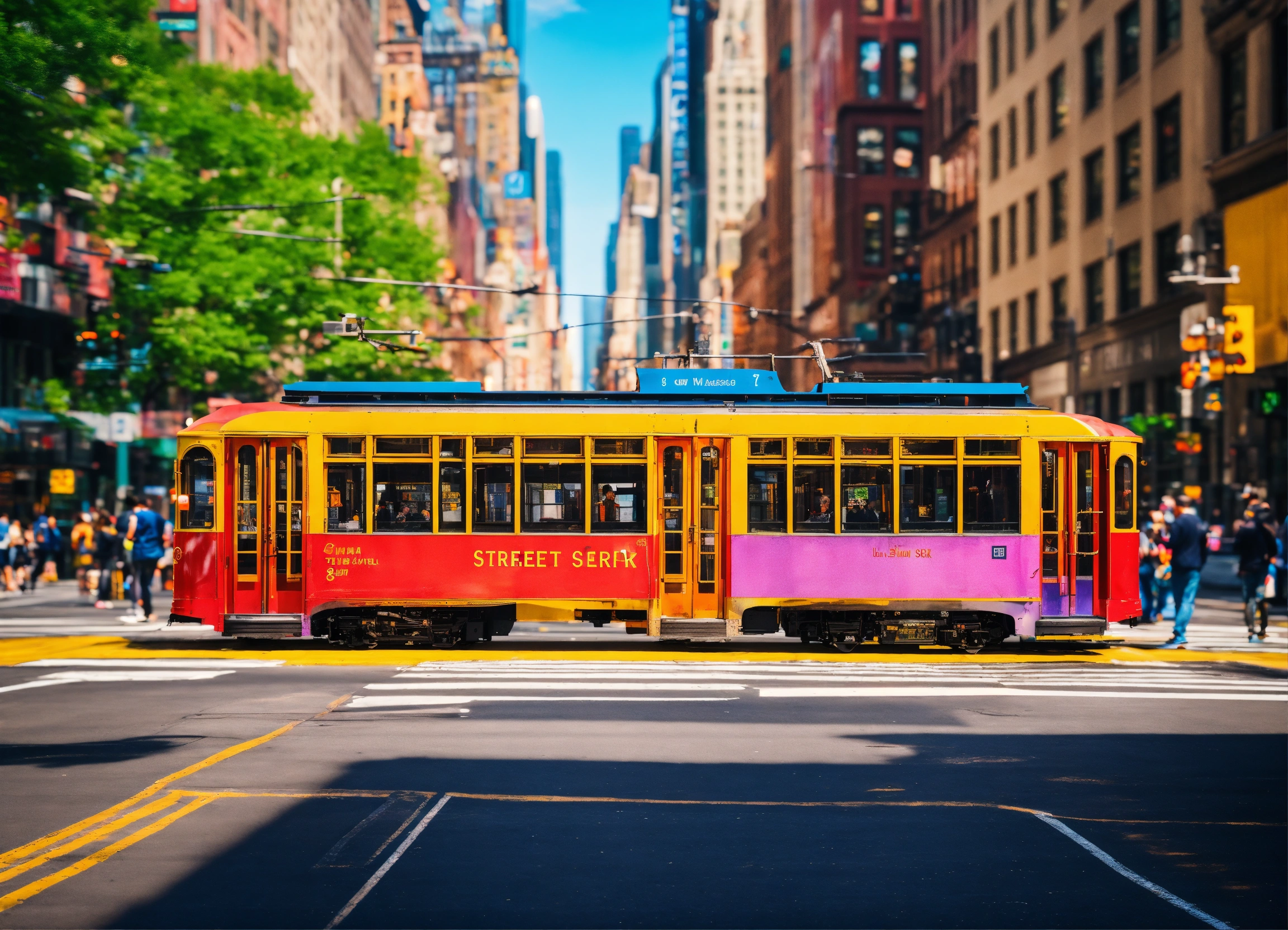 Lexica - Colorful streetcars running in New York City, 8k , masterpiece
