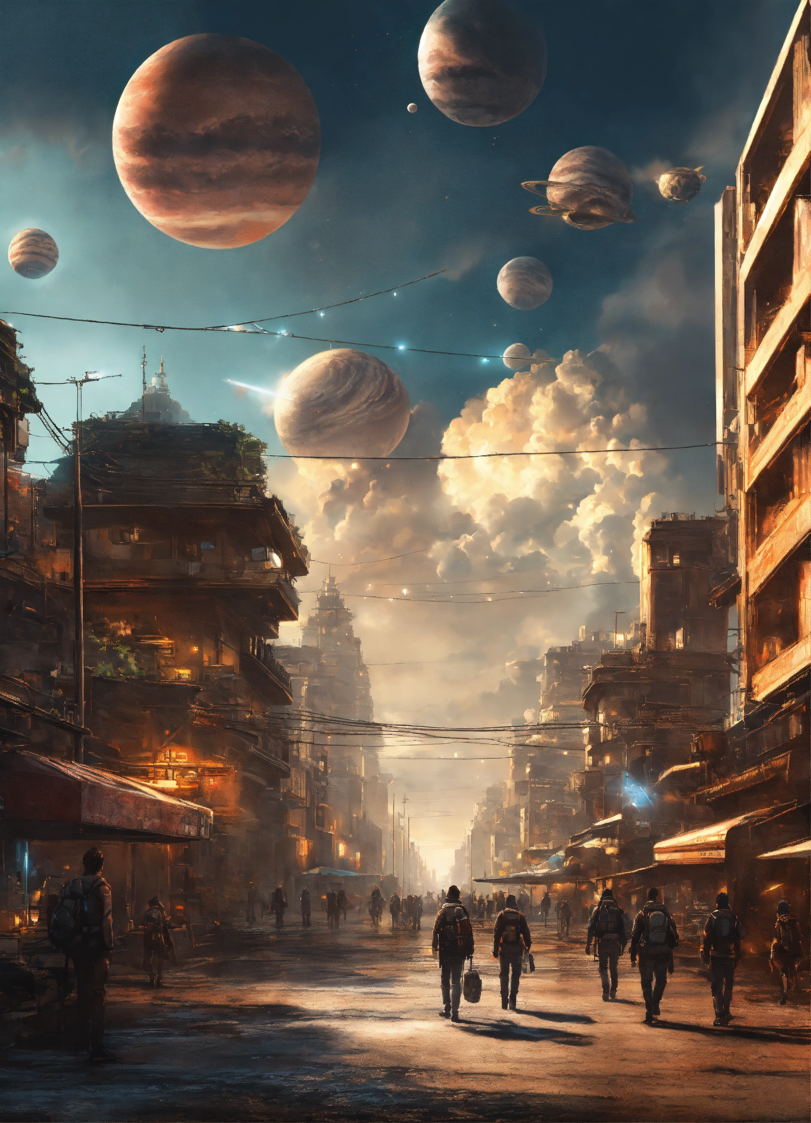 Lexica - Comic illustration of a futuristic city, jupiter clouds ...