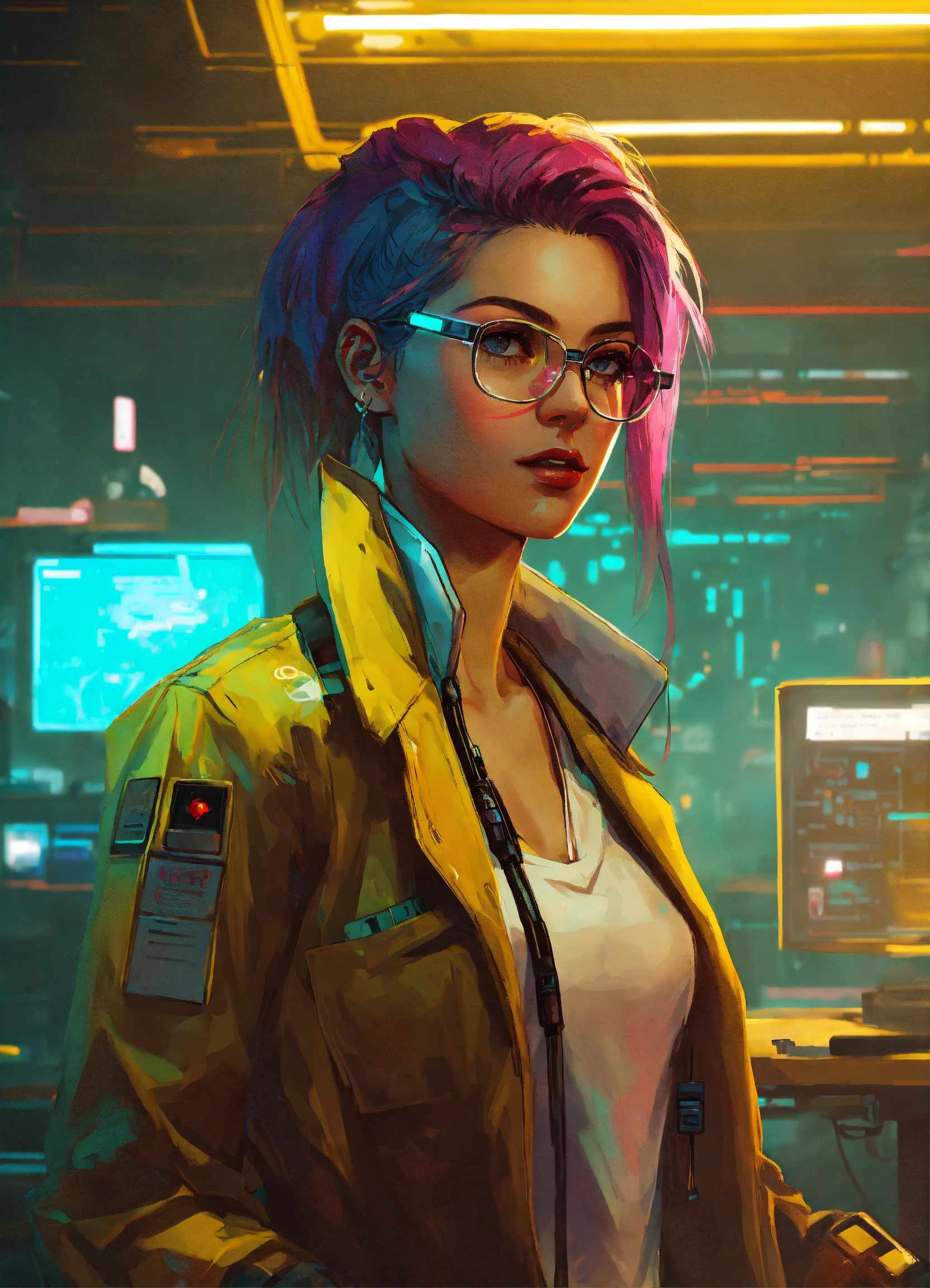 Lexica - Female sneaky college aged nerdy cyberpunk lab assistant in a ...