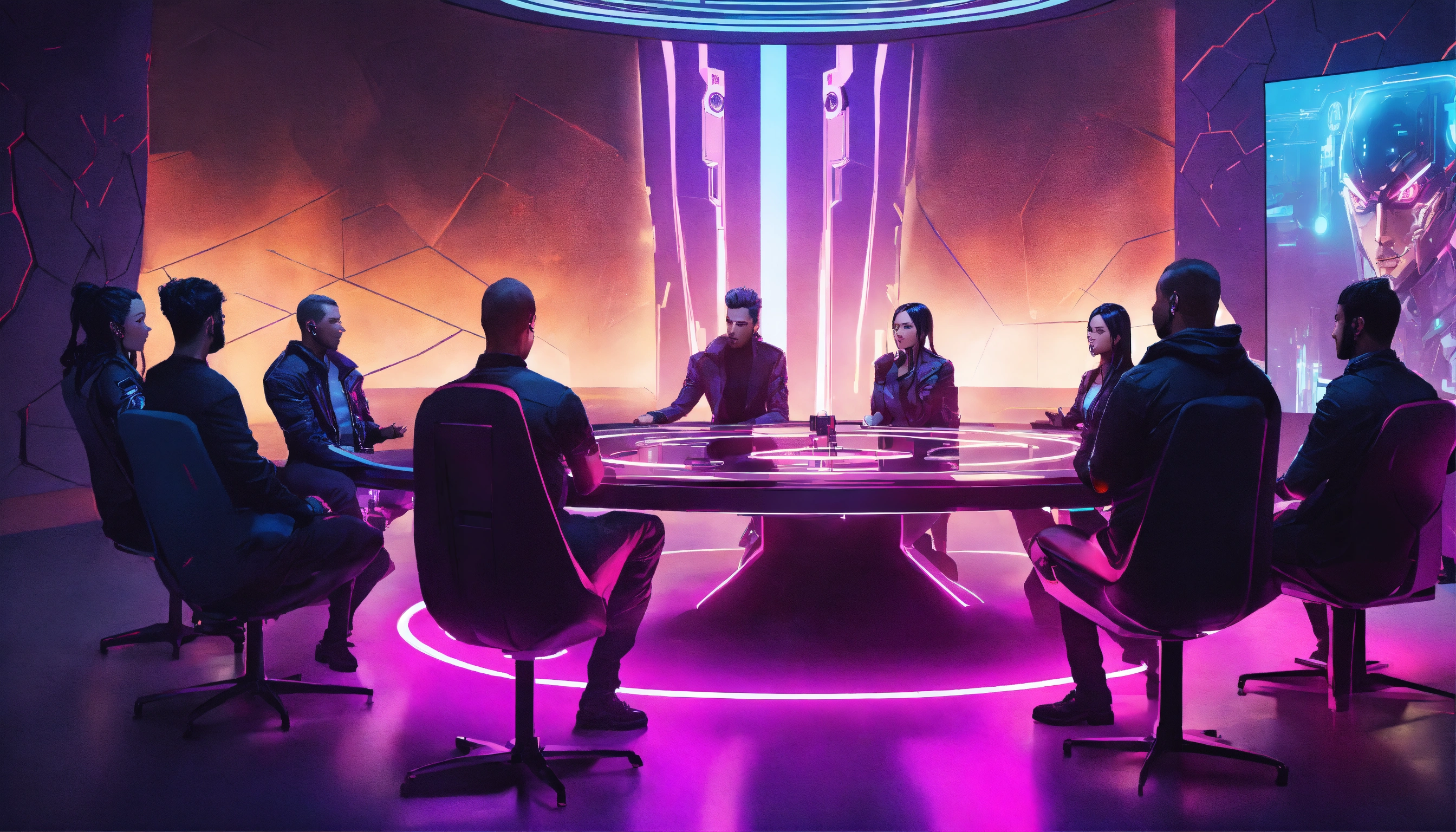Lexica - Futuristic meeting room, people siting around the cybernetic ...
