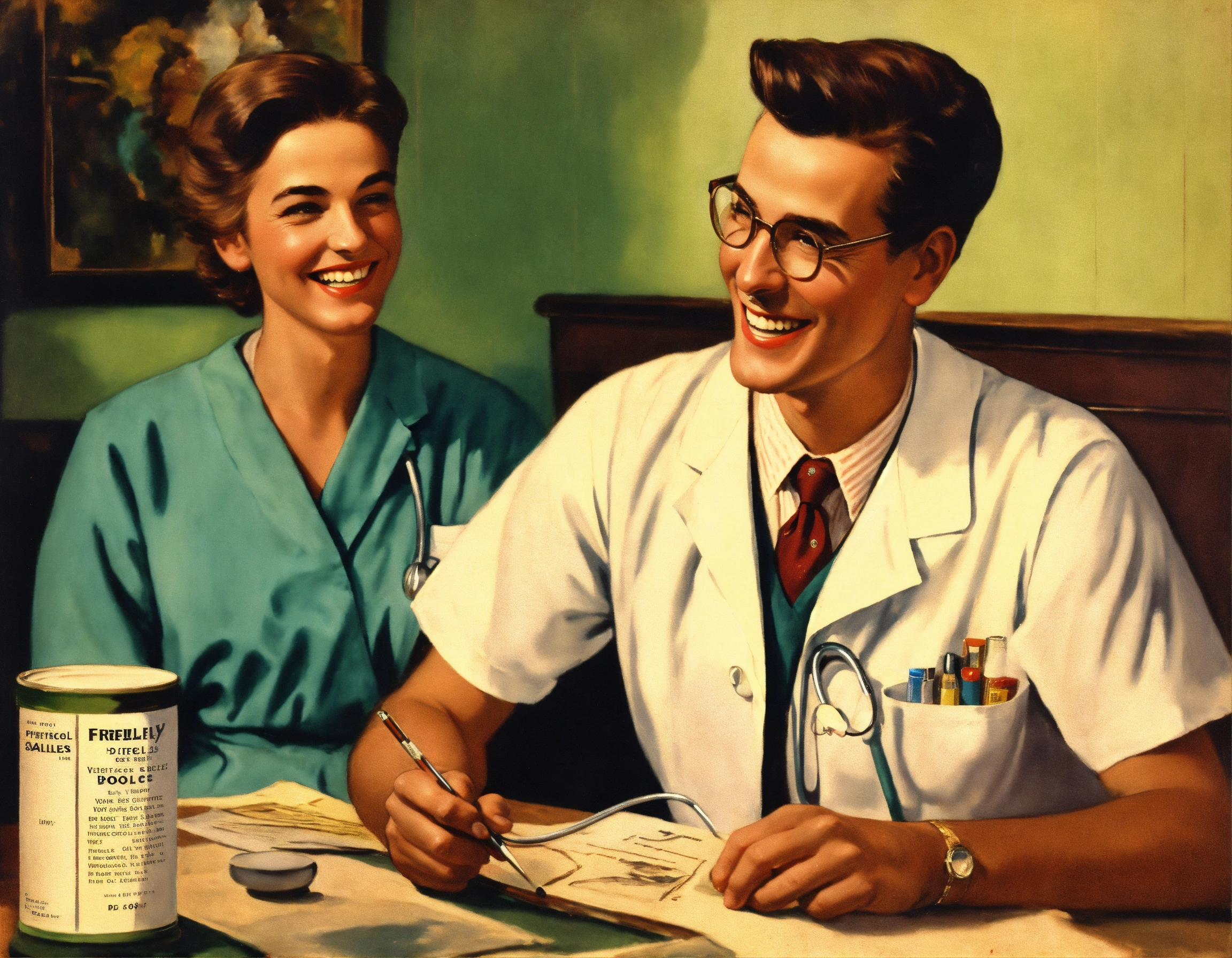 Lexica - Friendly doctor smiles, vintage painted magazine advertisement ...