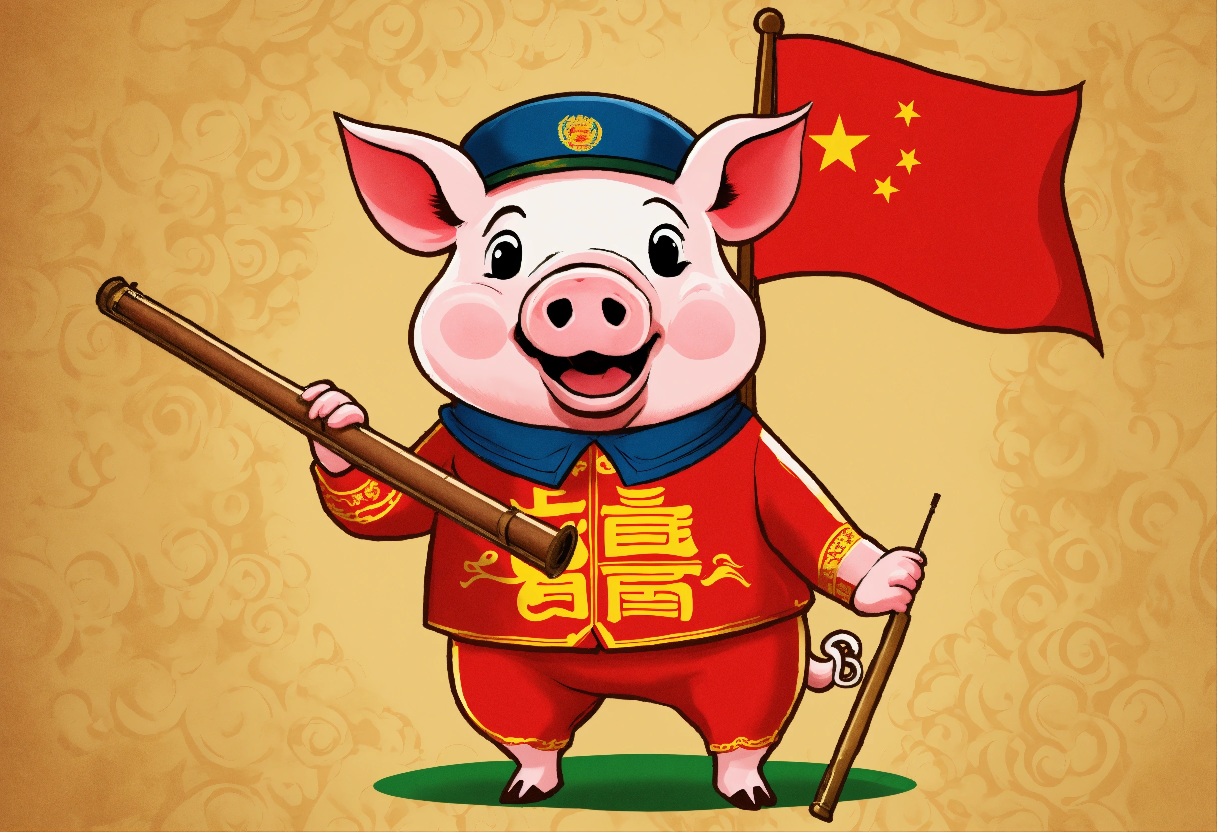 Lexica - A Chinese flag with a happy pig dressed as a man, the pig is ...
