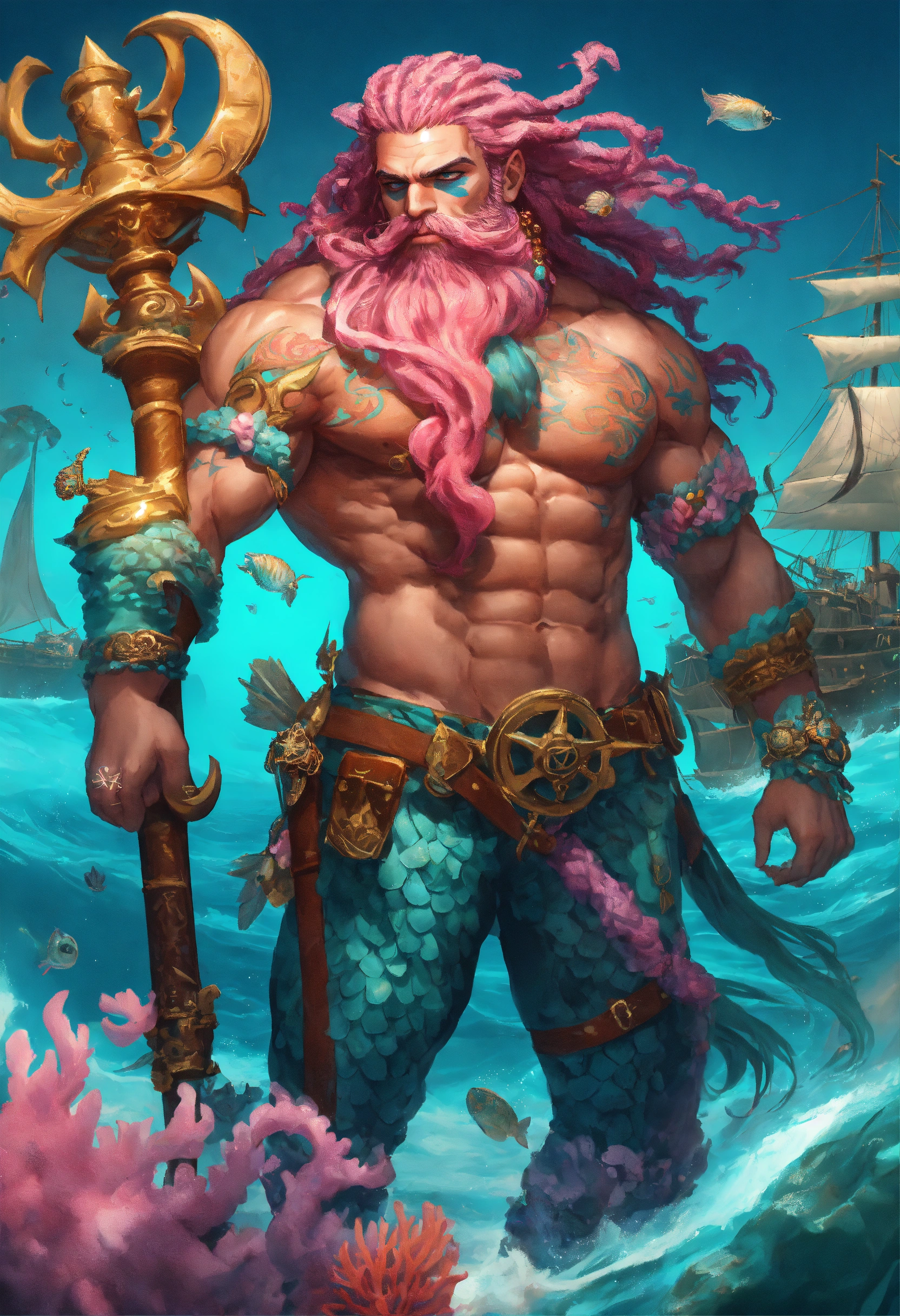 Lexica - A buff muscular Merman pirate with scales across his Blue skin ...