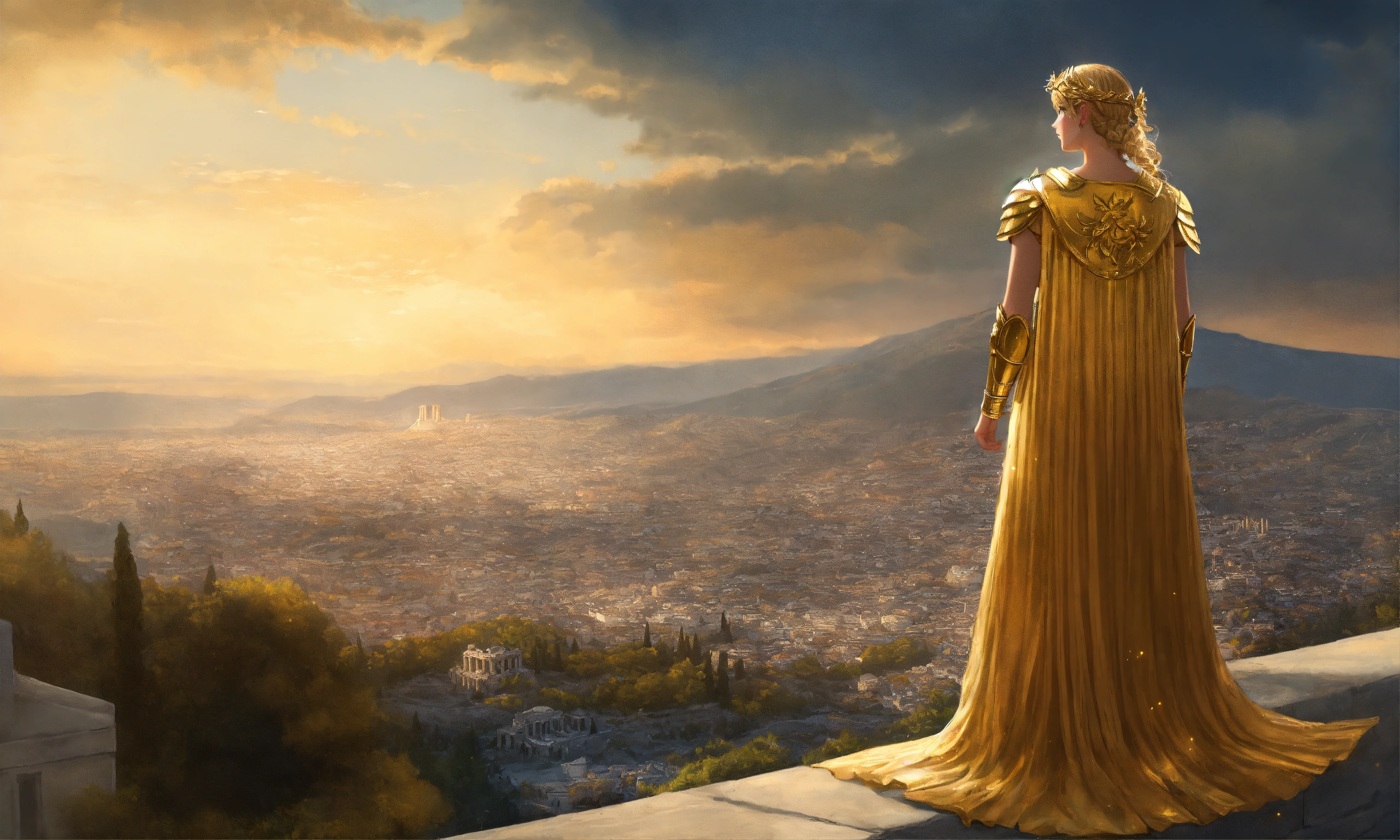 Lexica - Greek goddess Athena with blonde hair, gold armor, from behind ...
