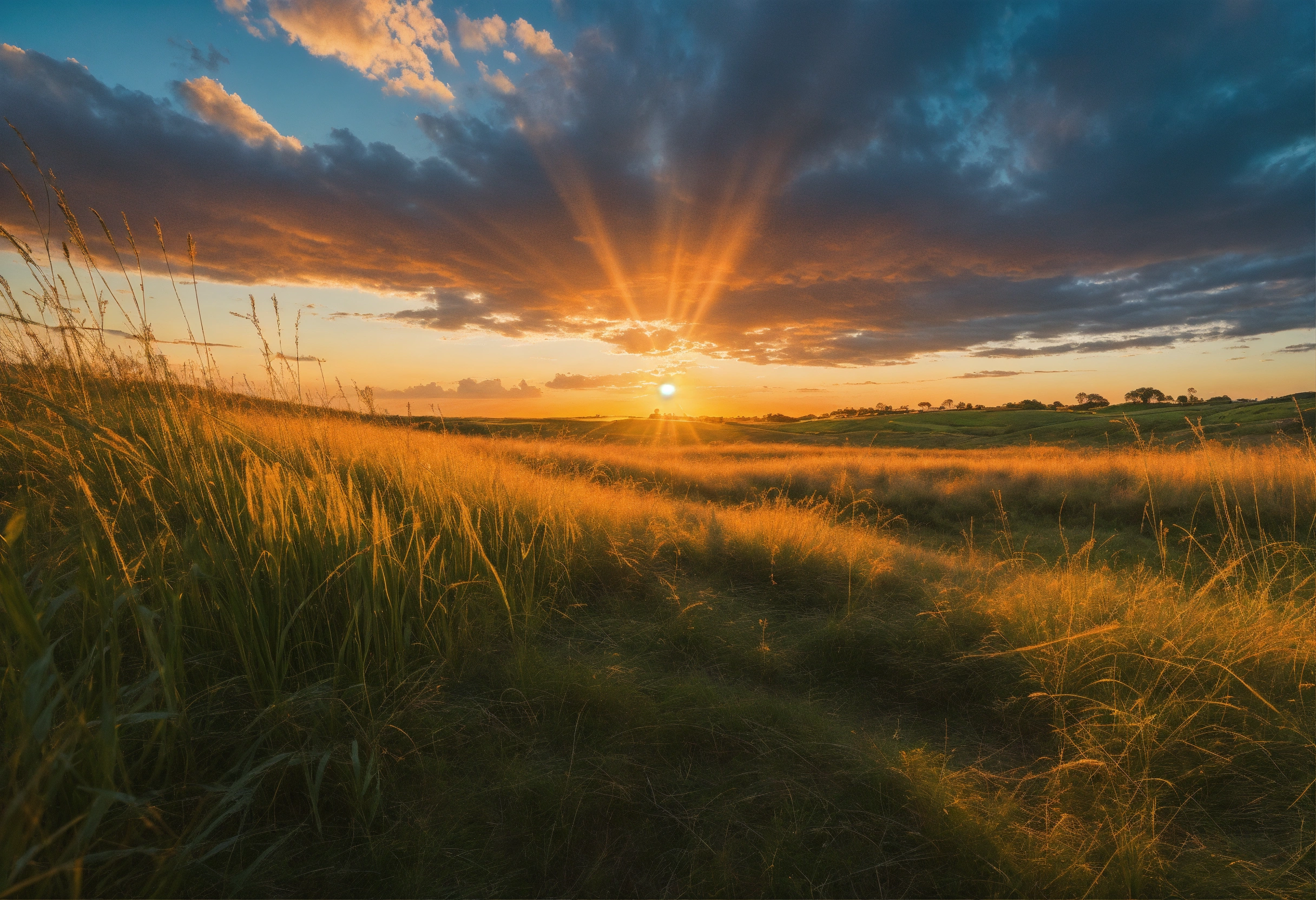 Lexica - View from the ground of a grassy landscape at sunset, light ...