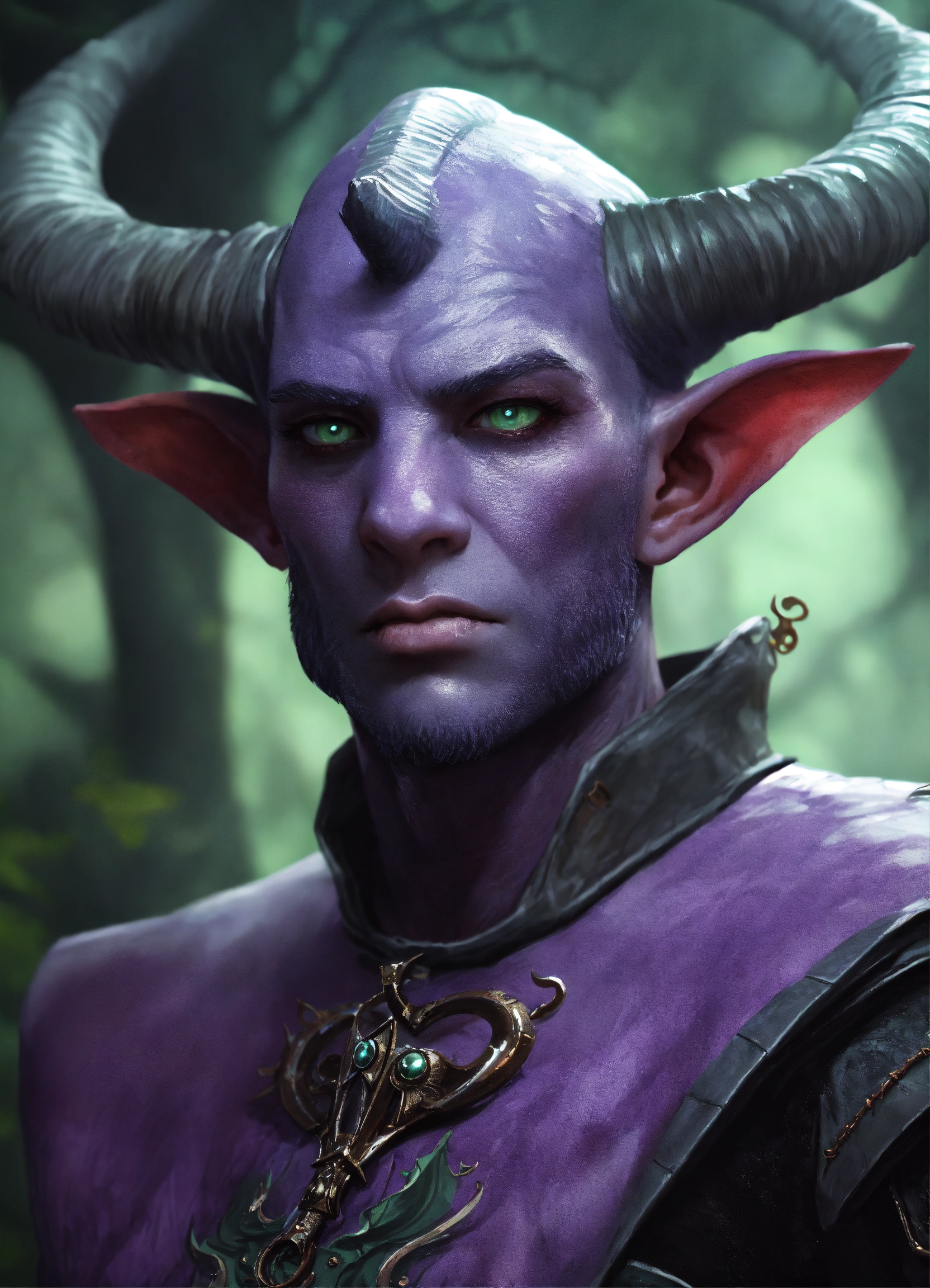 Lexica - Purple tiefling, twohorns curved back, pale mint green eyes ...