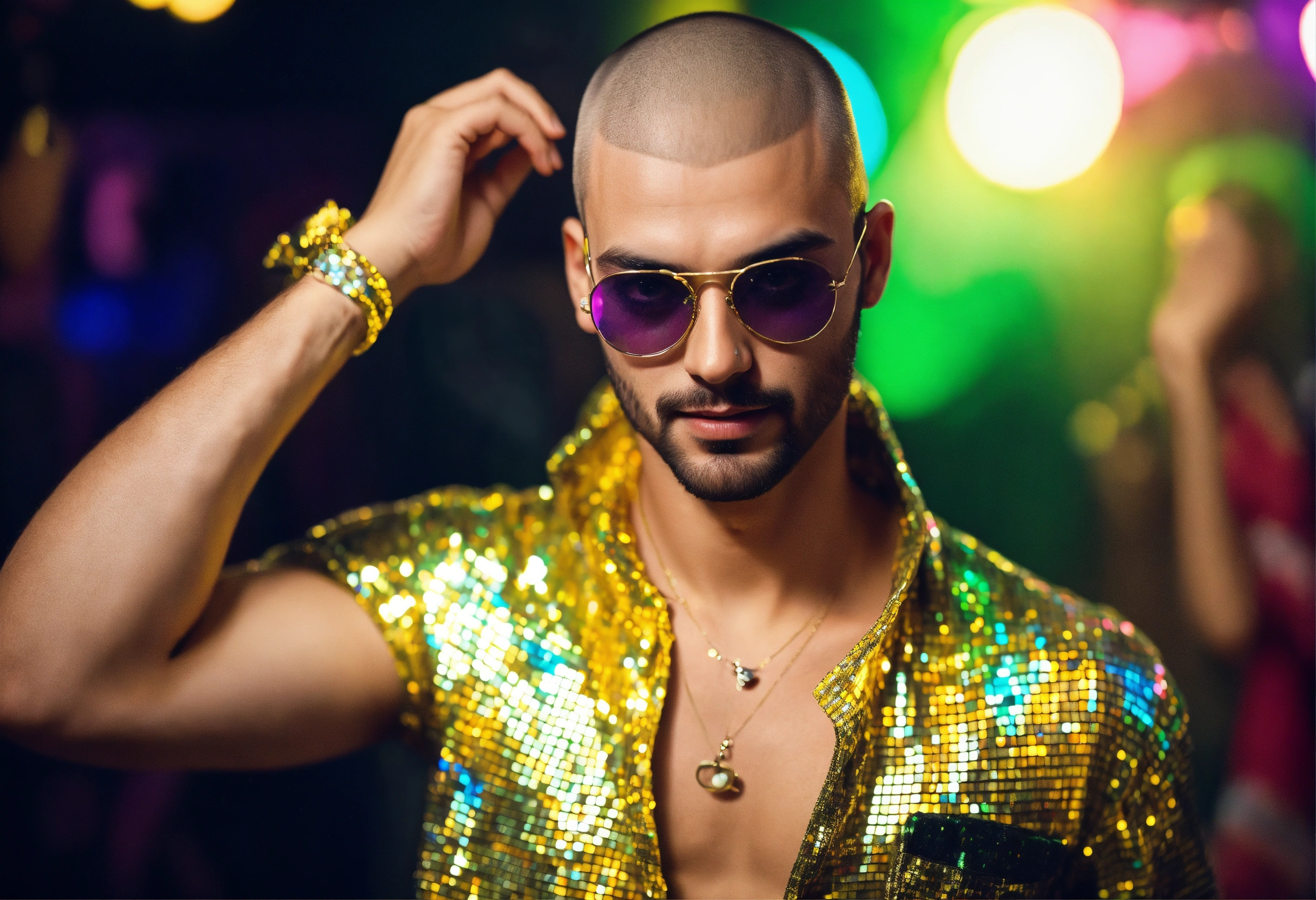 Lexica - Cute man, style disco dancer, eyes visible, dancing, buzz cut