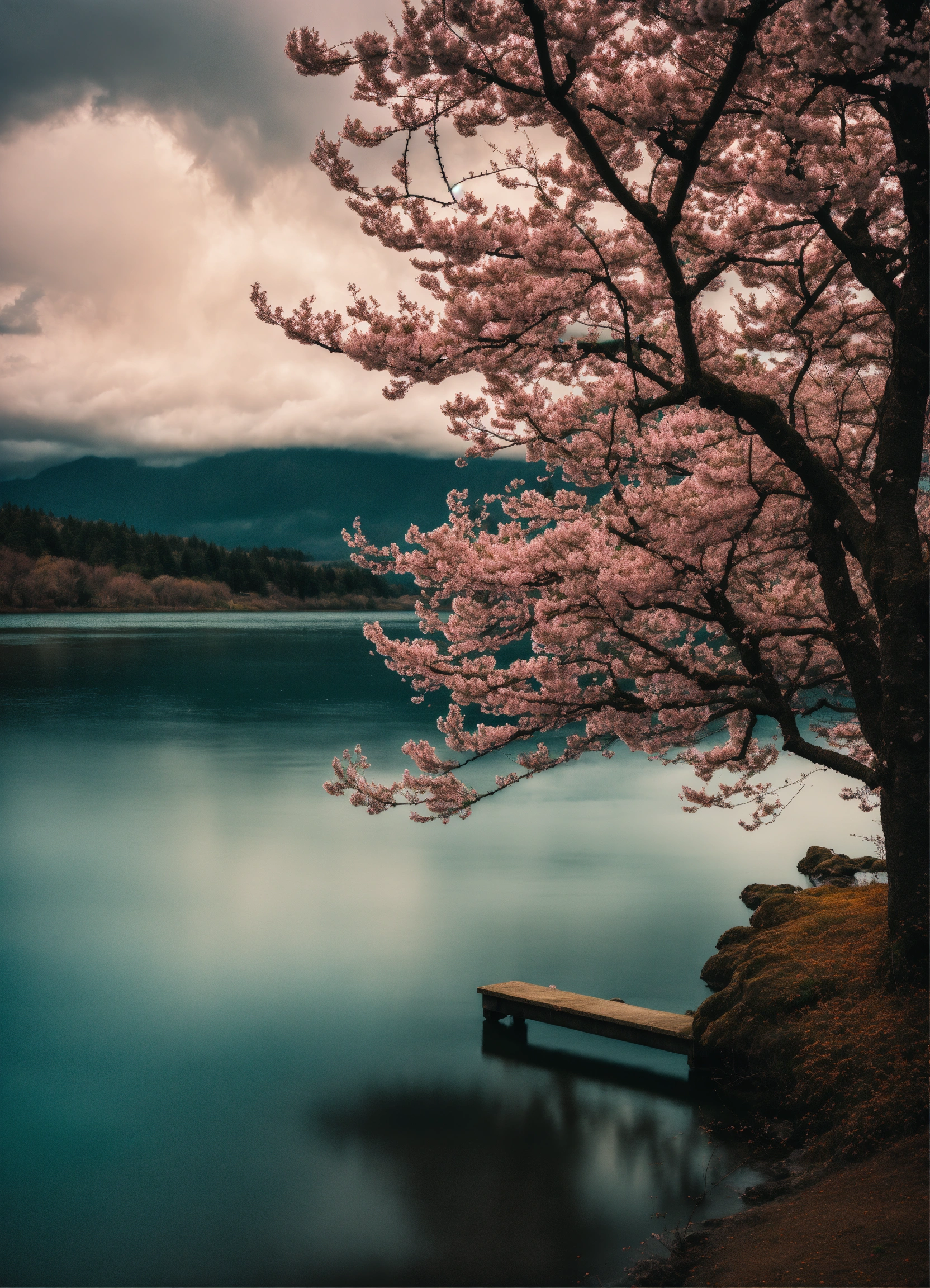 Lexica - Minimal, cinematic, a blooming cherry blossom tree, forest ...