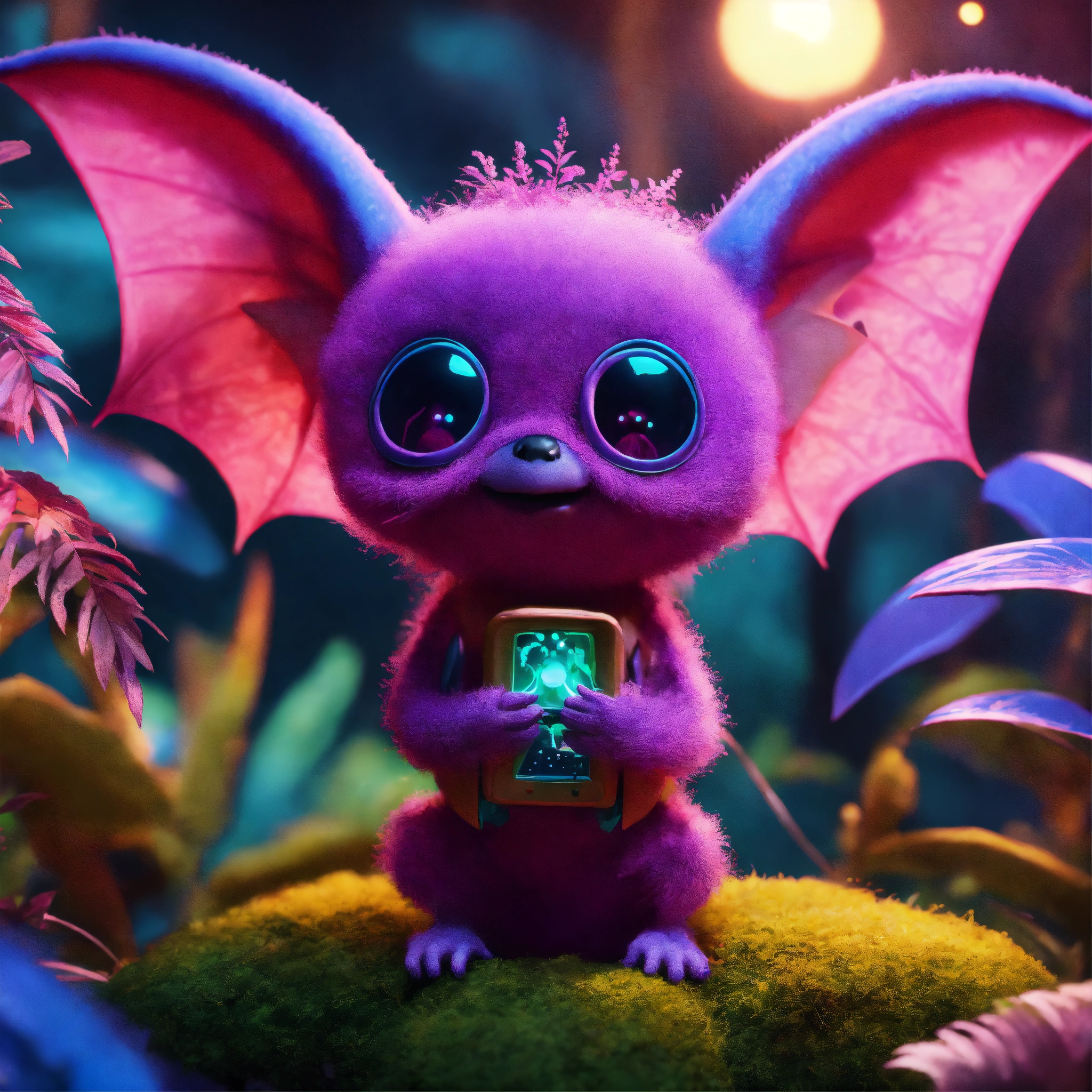 Lexica - Cute fuzzy pink and purple alien fruitbat character with big ...