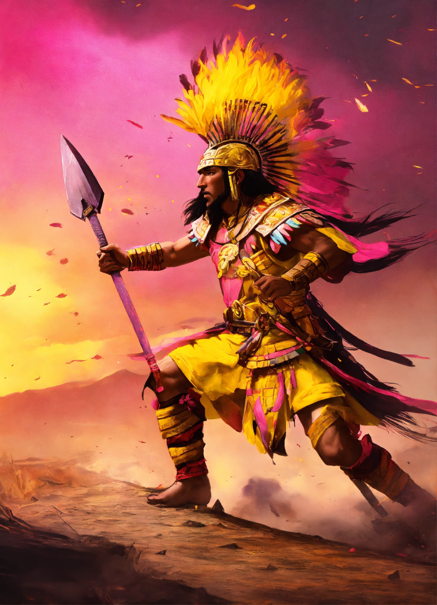Lexica - An aztec priest warrior in yellow and pink fighting ...
