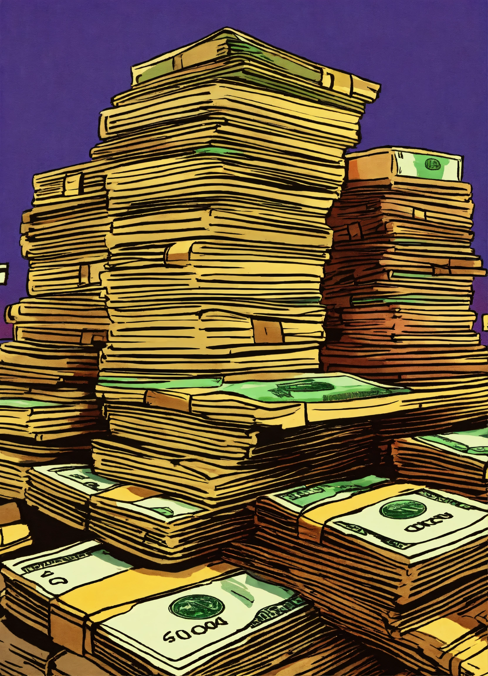 Lexica - A hand drawn painting of many stacks of money on a big table ...