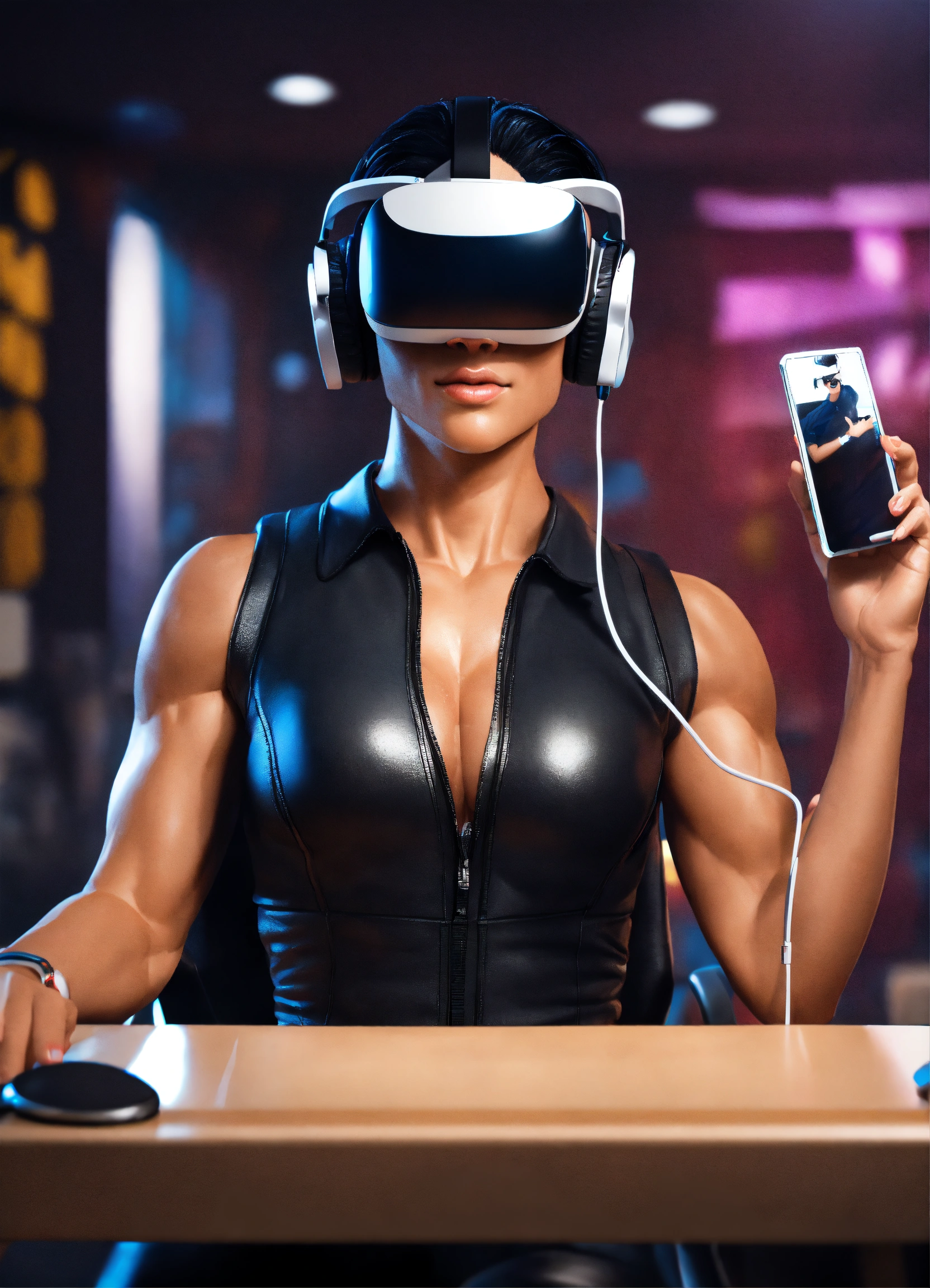 Lexica - A woman with short black hair and VR goggles sitting at a front desk. Oiled tan skin ...