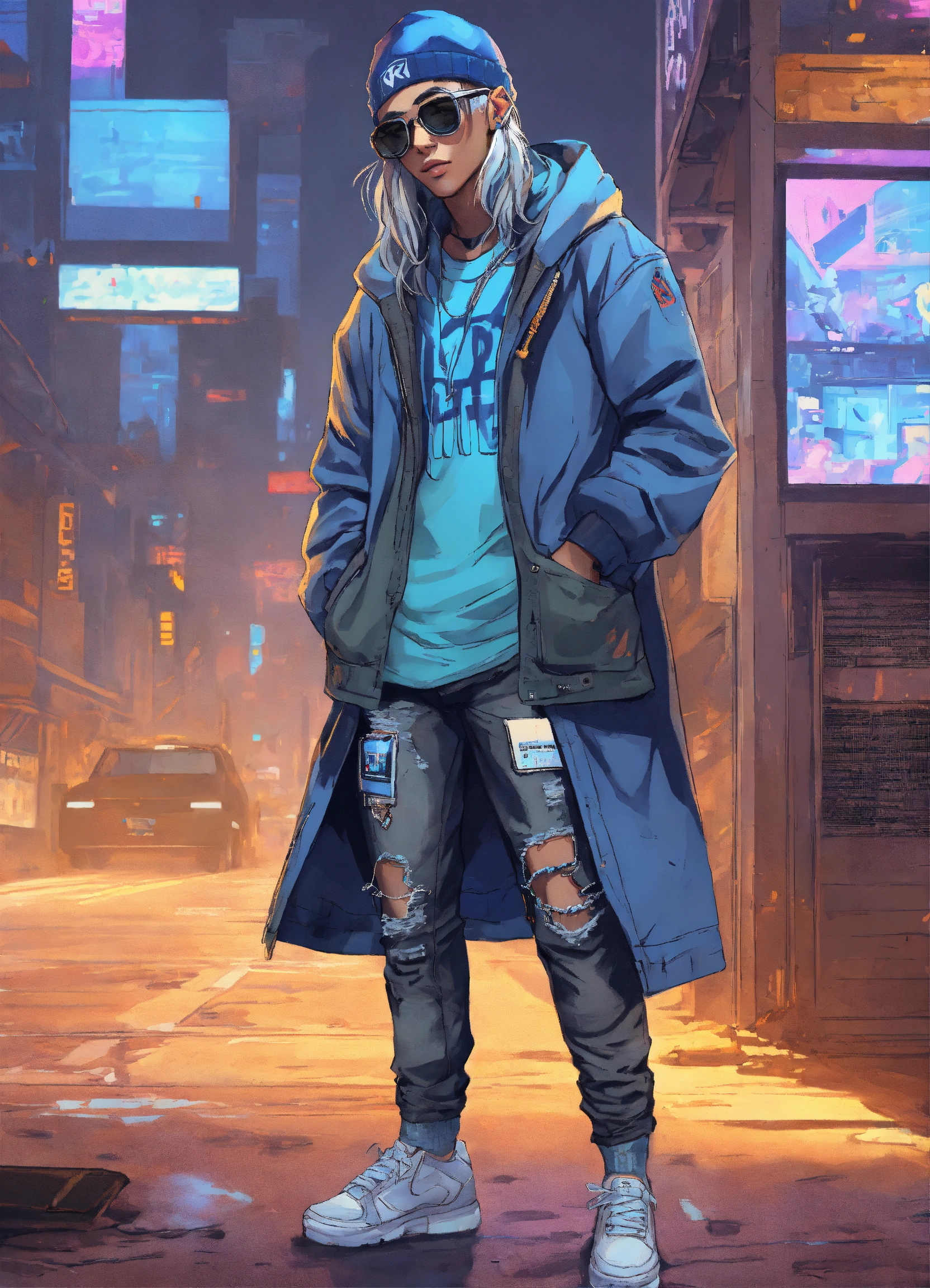 Lexica - Cute cyberpunk hacker with blue colored glasses, in a jacket ...
