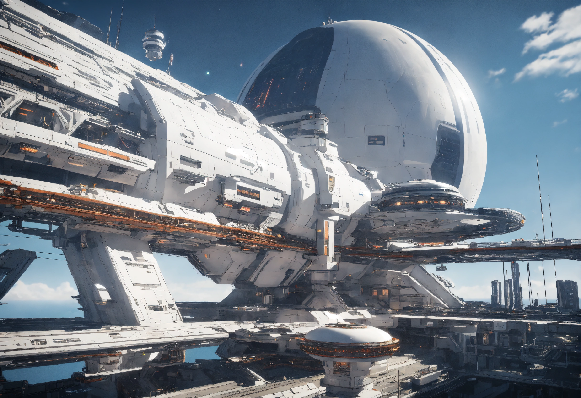 Lexica - Zoom out on a huge modern style white space station exterior ...