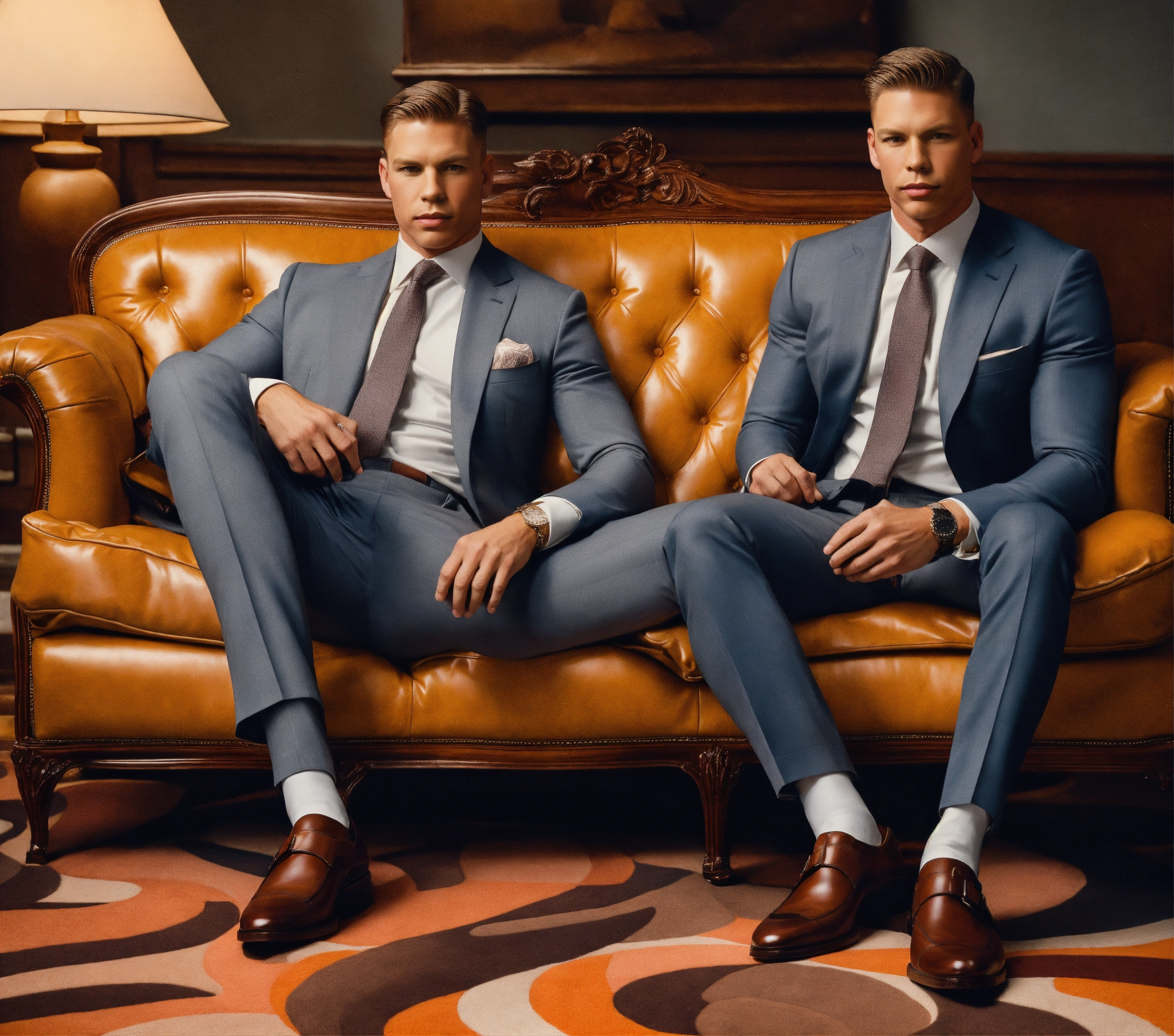 Lexica - Two muscular male Ceo in grey vested suit, club tie, crossing ...