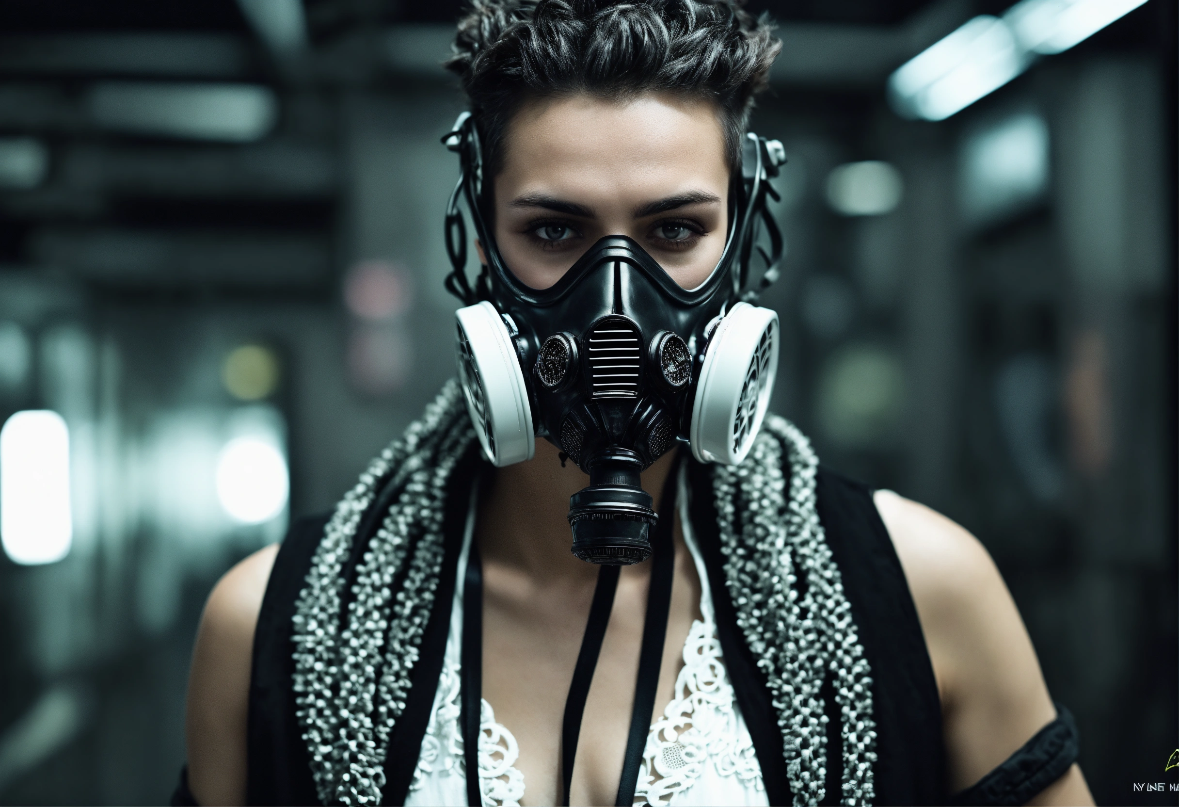 Lexica - Cyberpunk gas mask, white and black, intricate , white dress . Men
