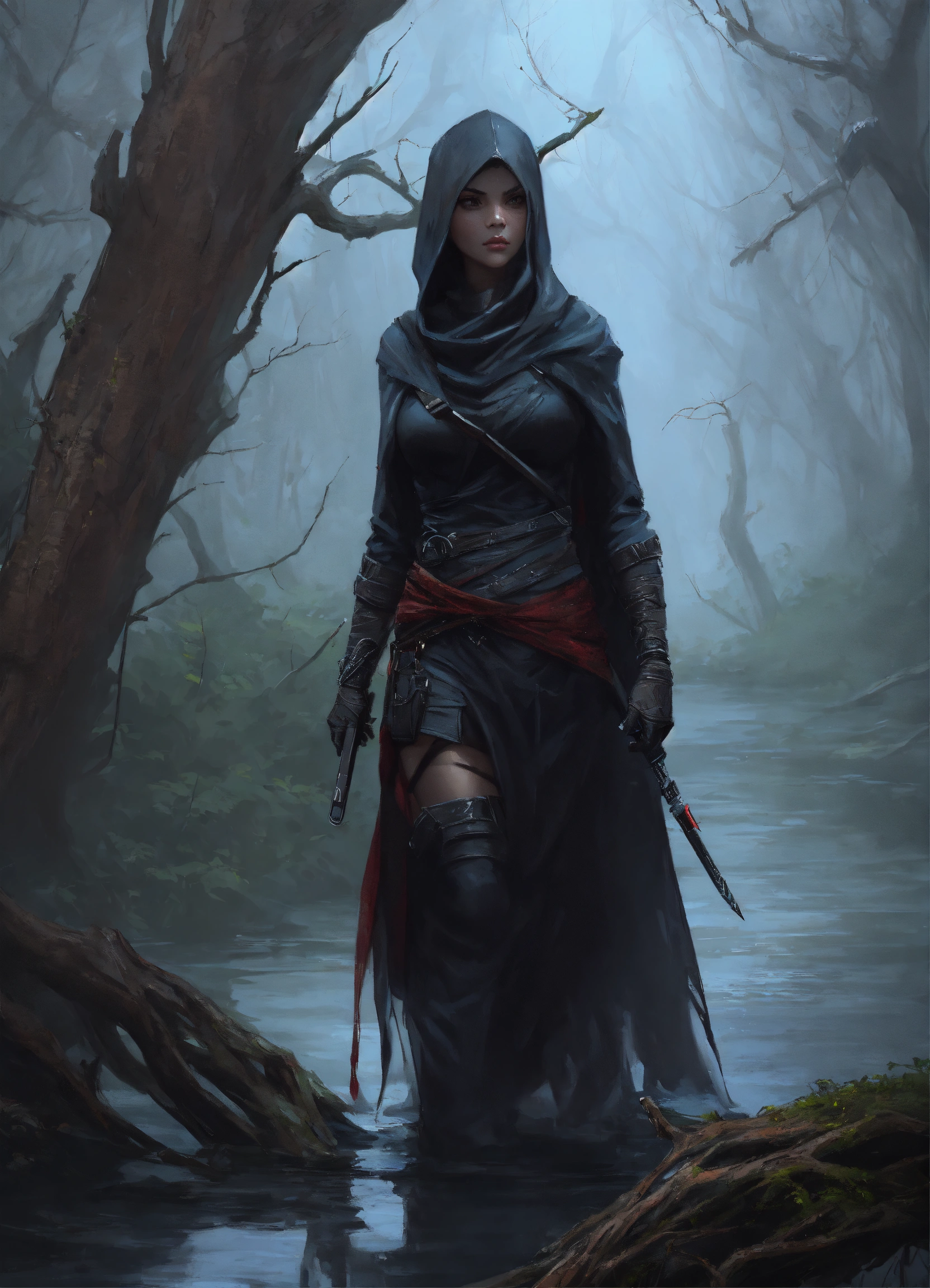 Lexica - Vivid Painting, sideview of an assassin woman with black ...