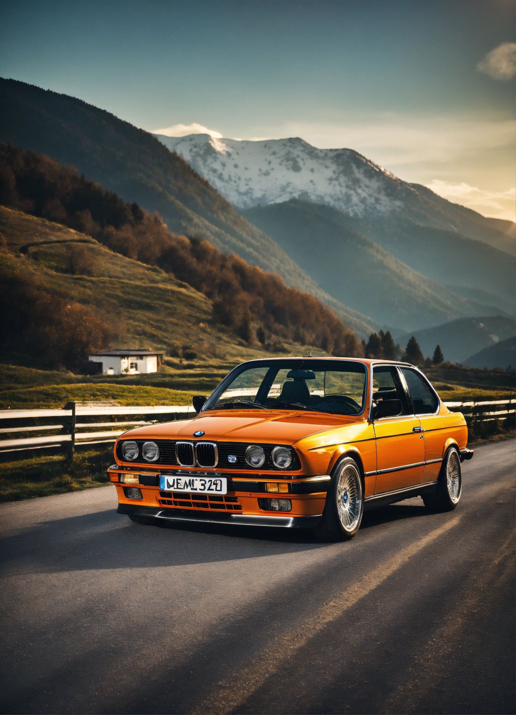 Lexica - Sleek BMW E30 in its iconic design, positioned prominently against a backdrop of ...