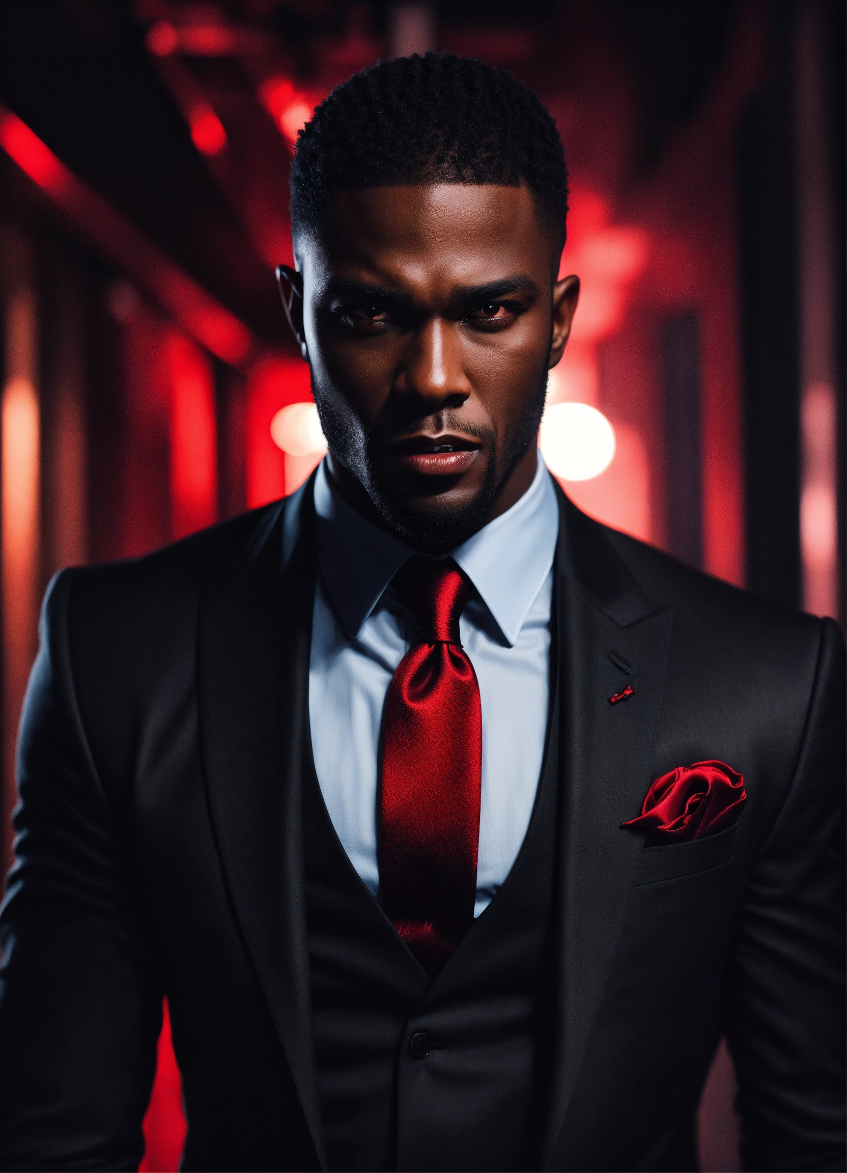 Lexica - Very handsome black man, vampire, wearing a suit, red eyes