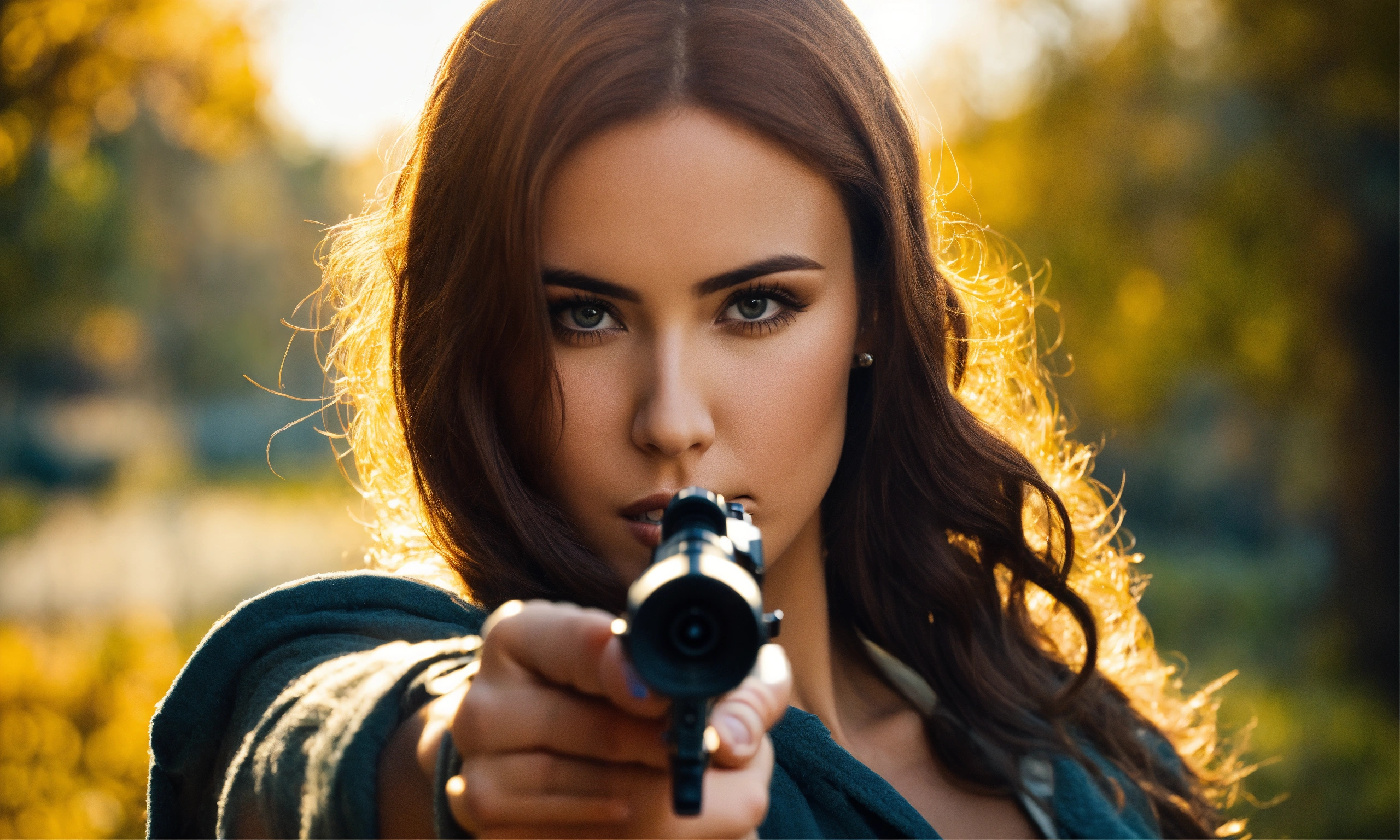 Lexica - Photo of a young and beautiful woman pointing a gun at me