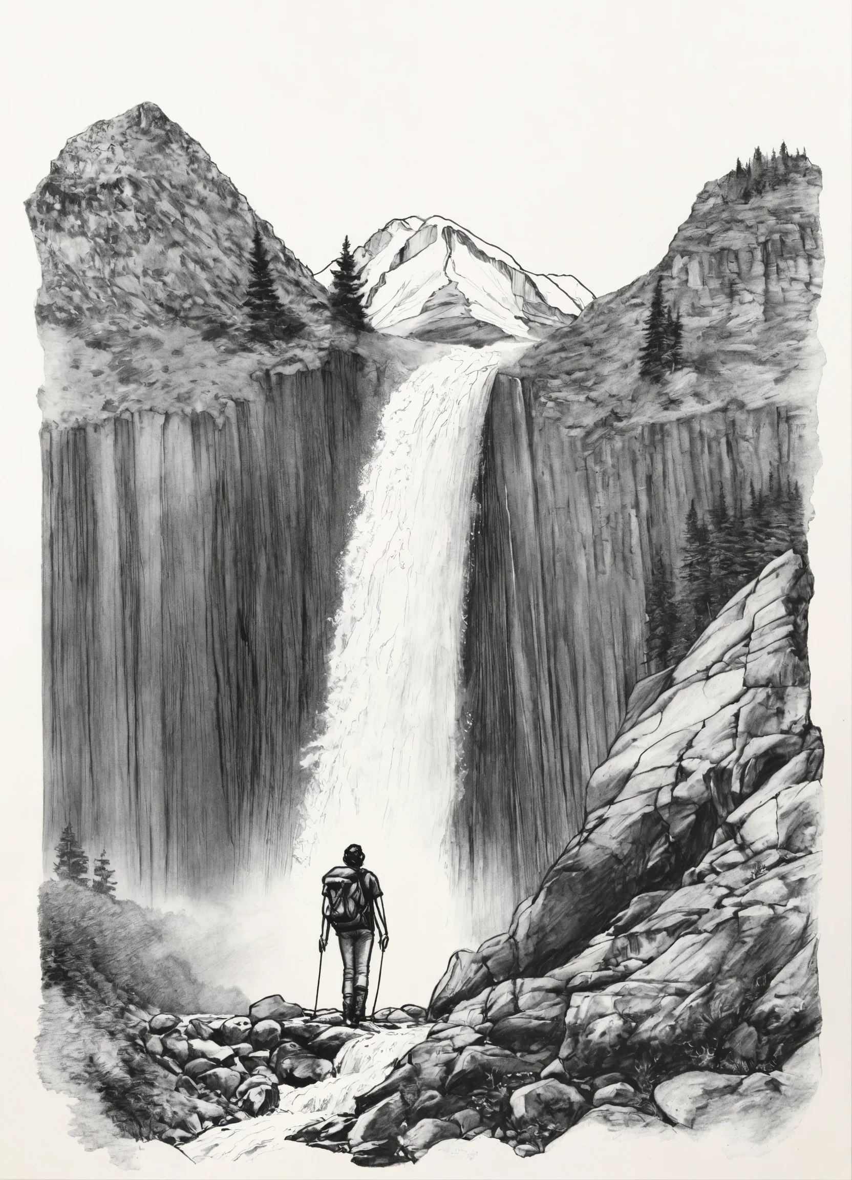 Lexica - A drawing illustrating a hiker with a mountain and a waterfall ...