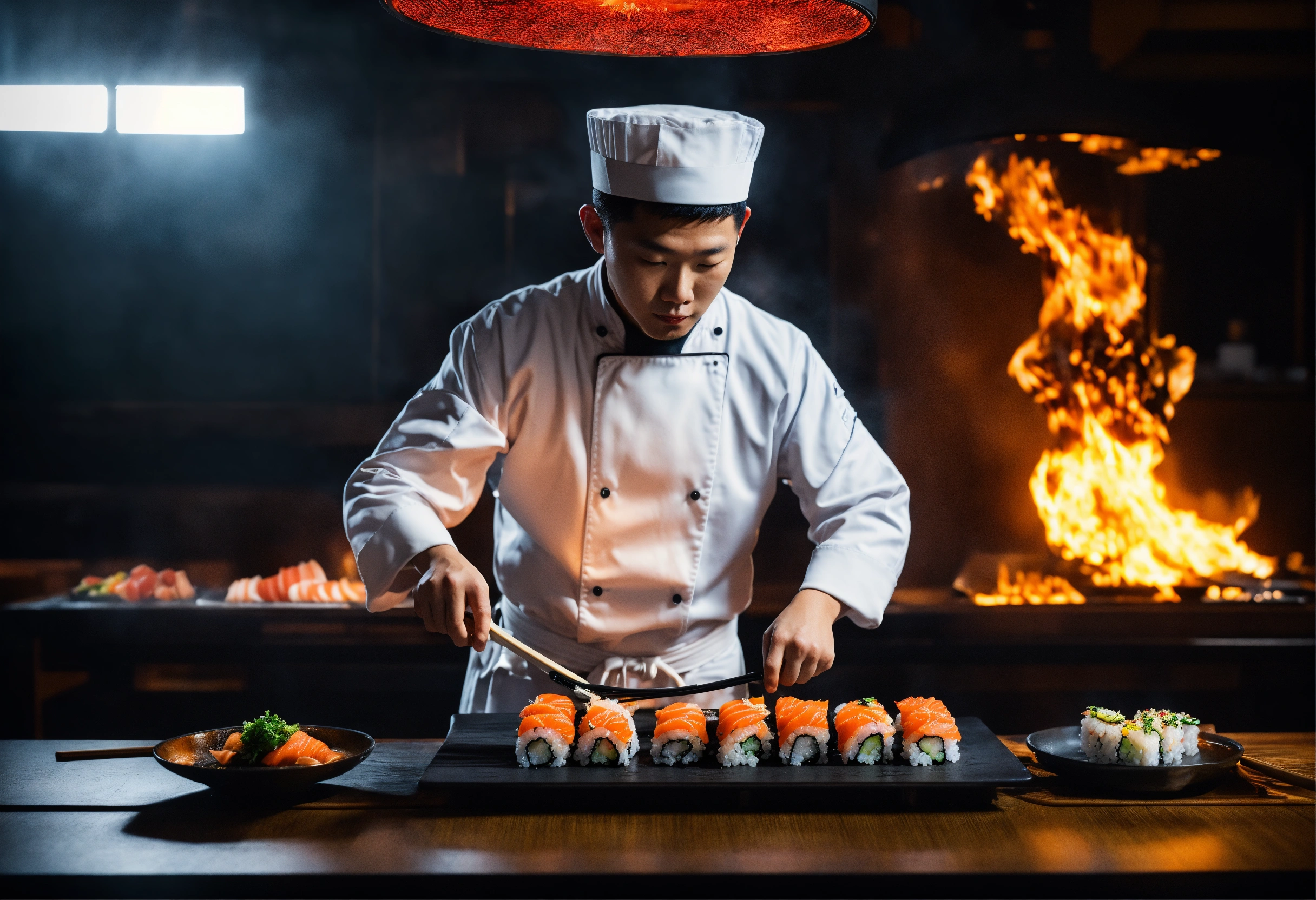 Lexica - Sushi chef with white clothes, cooking in teppanyaki table ...
