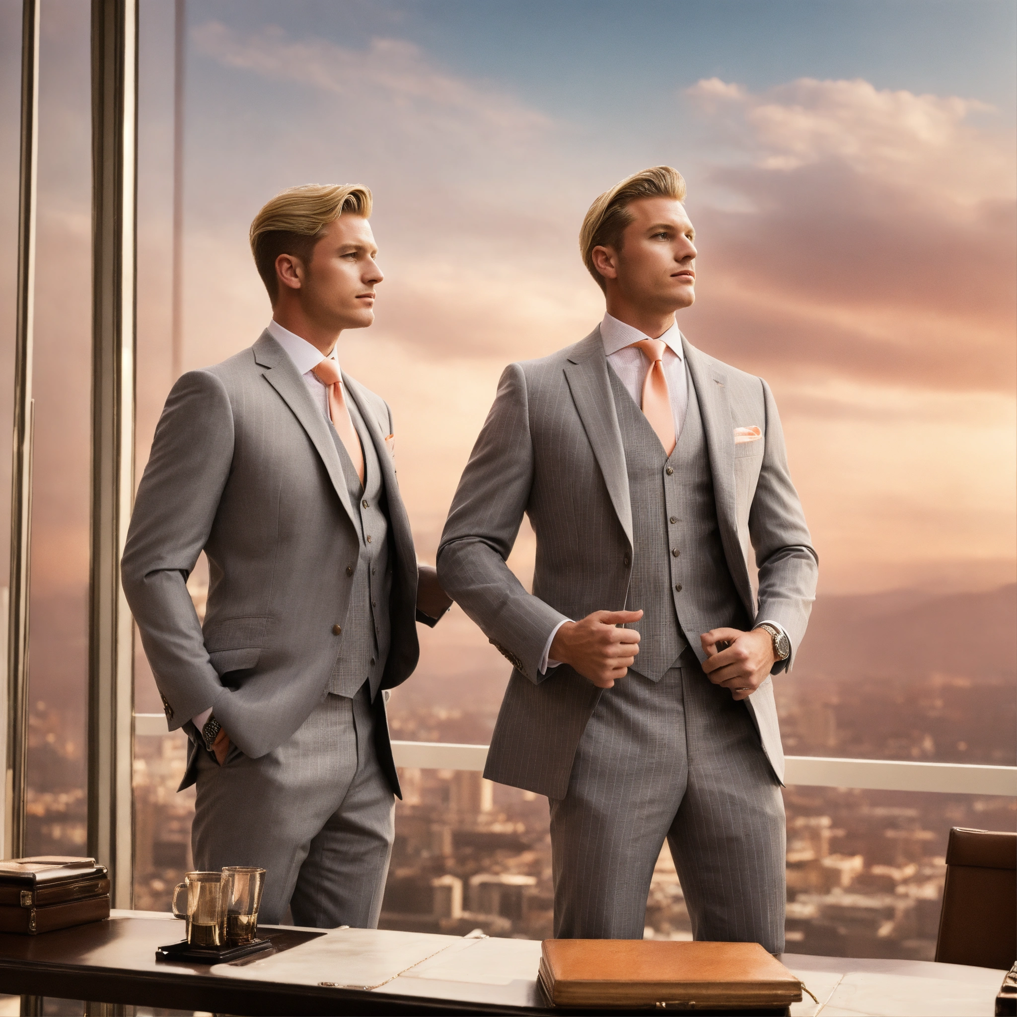 Lexica - Two blonde male banker, light grey pinstripe vested suit ...