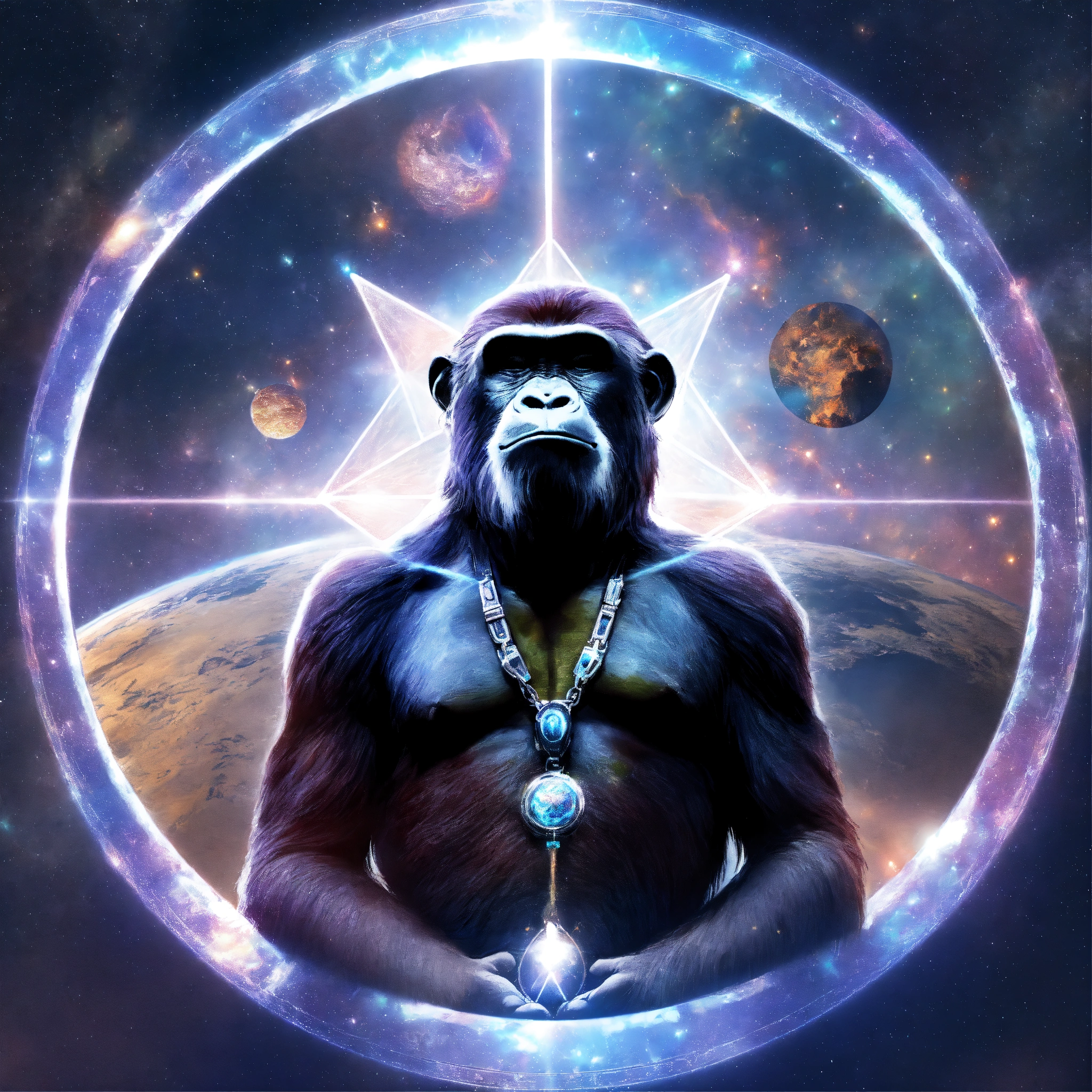 Lexica - Apes praying to a human god in space, in circle image ...