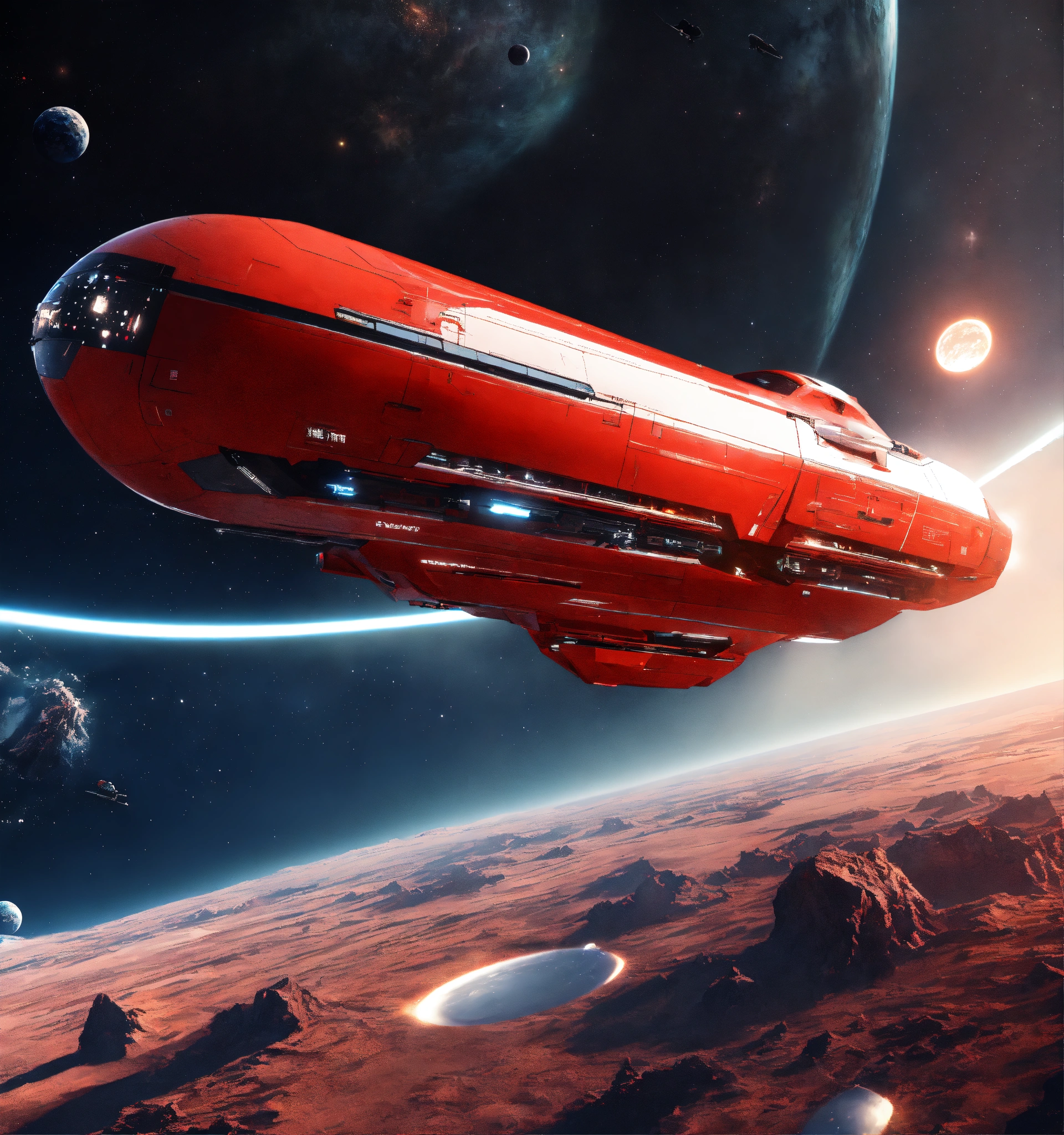 Lexica - Flying red space yacht shooting out in space, future, hi tech ...