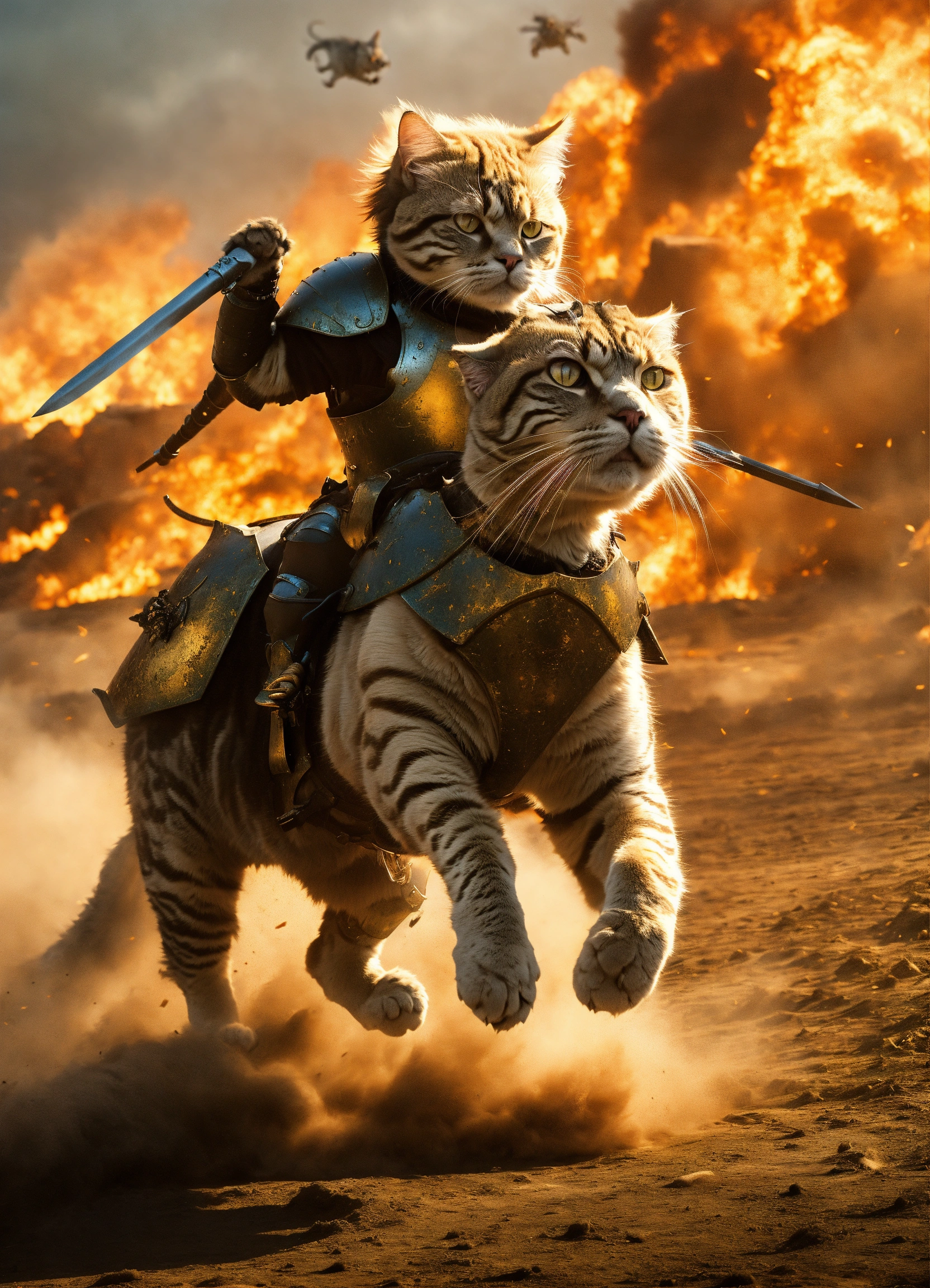 Lexica - A battle cat wearing armor, running across a battlefield ...