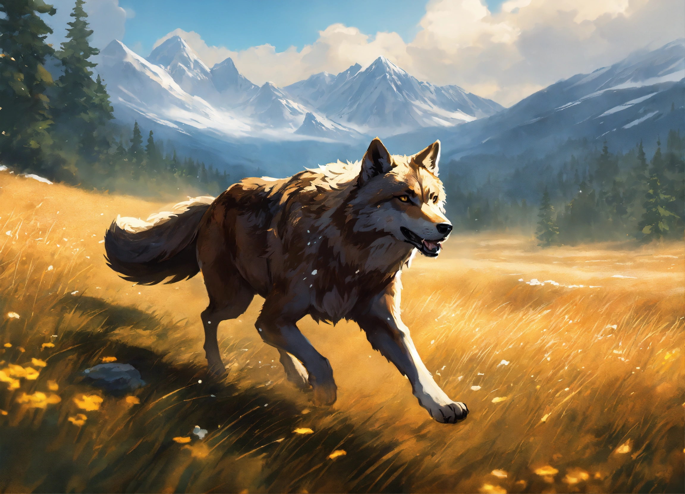 Lexica - Concept art of a brown wolf running through tall grassland ...