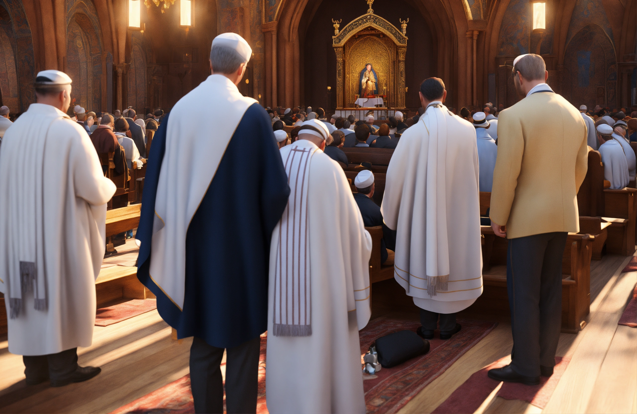 Lexica - A hundred Orthodox people sit in a synagogue with tallit and ...