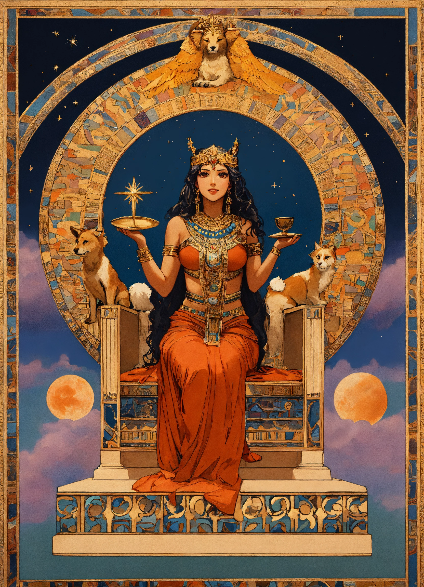 Lexica - The goddess ishtar sitting on a throne in the sky and blessing the people on earth