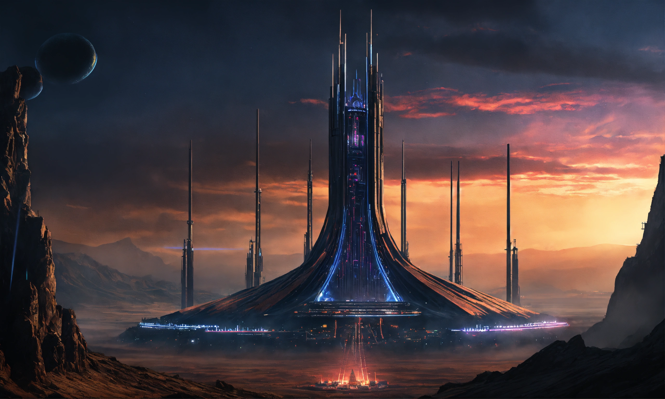 Lexica - Dark alien Tower of Sauron seen from a distance is a towering ...