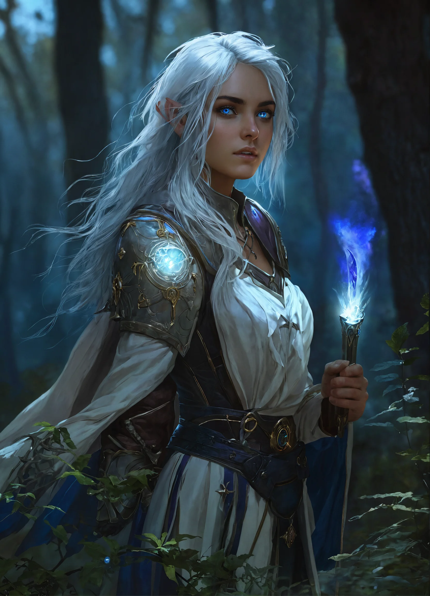 Lexica - Aasimar, Twilight Cleric, Silver hair, Blue eyes, glowing eyes ...