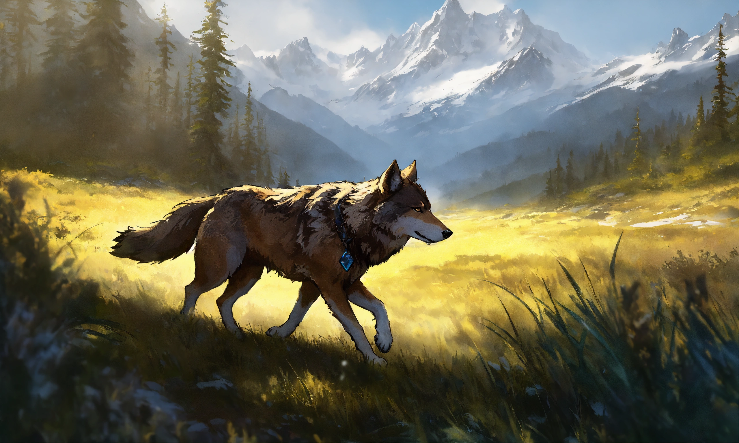 Lexica - Concept art of a brown wolf running through tall grassland ...